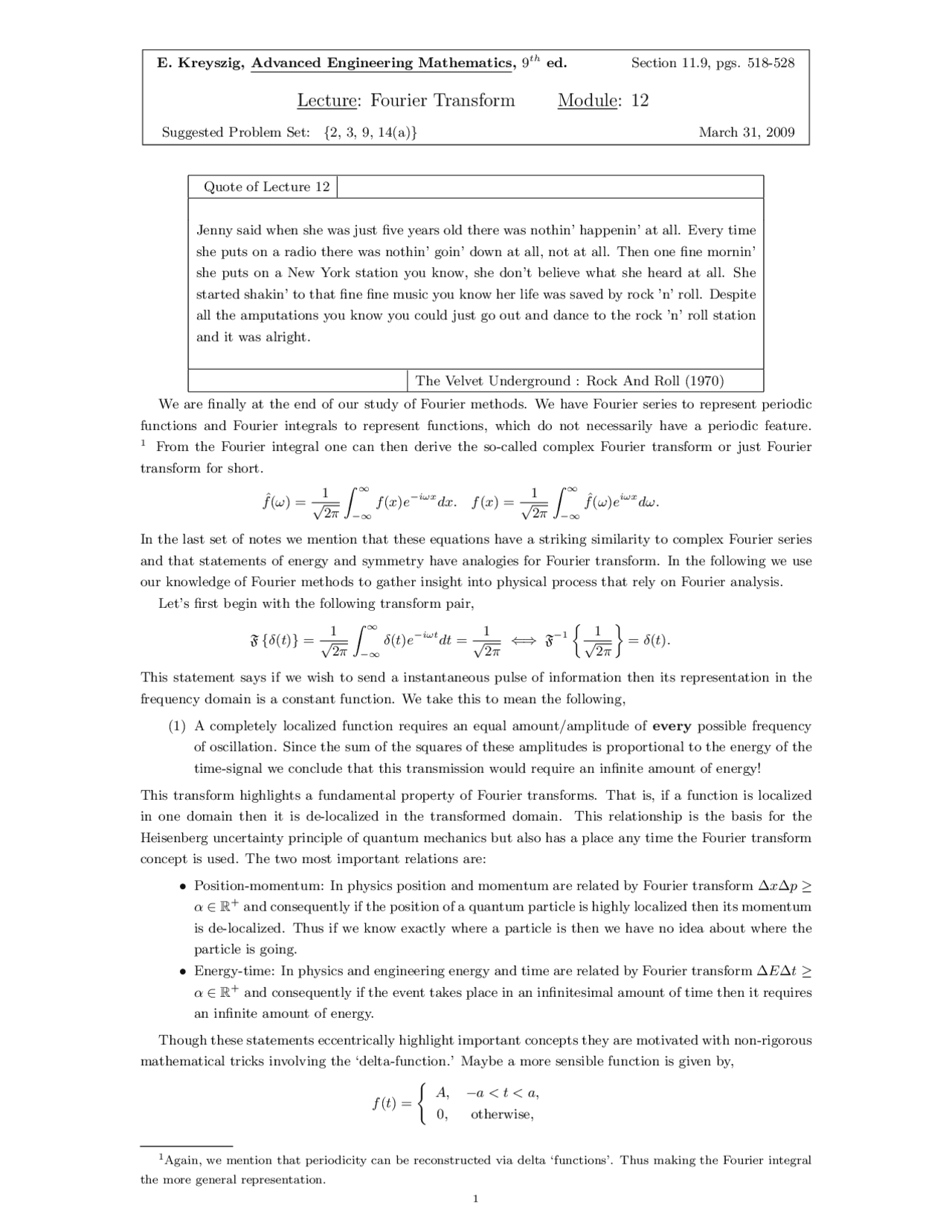 Fourier Transform Lecture Notes Advanced Engineering Mathematics Math 348 Docsity