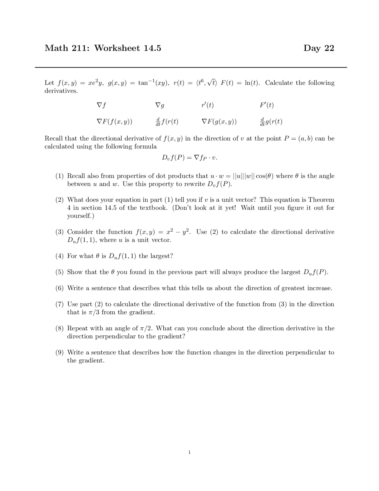 9 Problems On The Directional Derivatives Assignment 14 Math 211