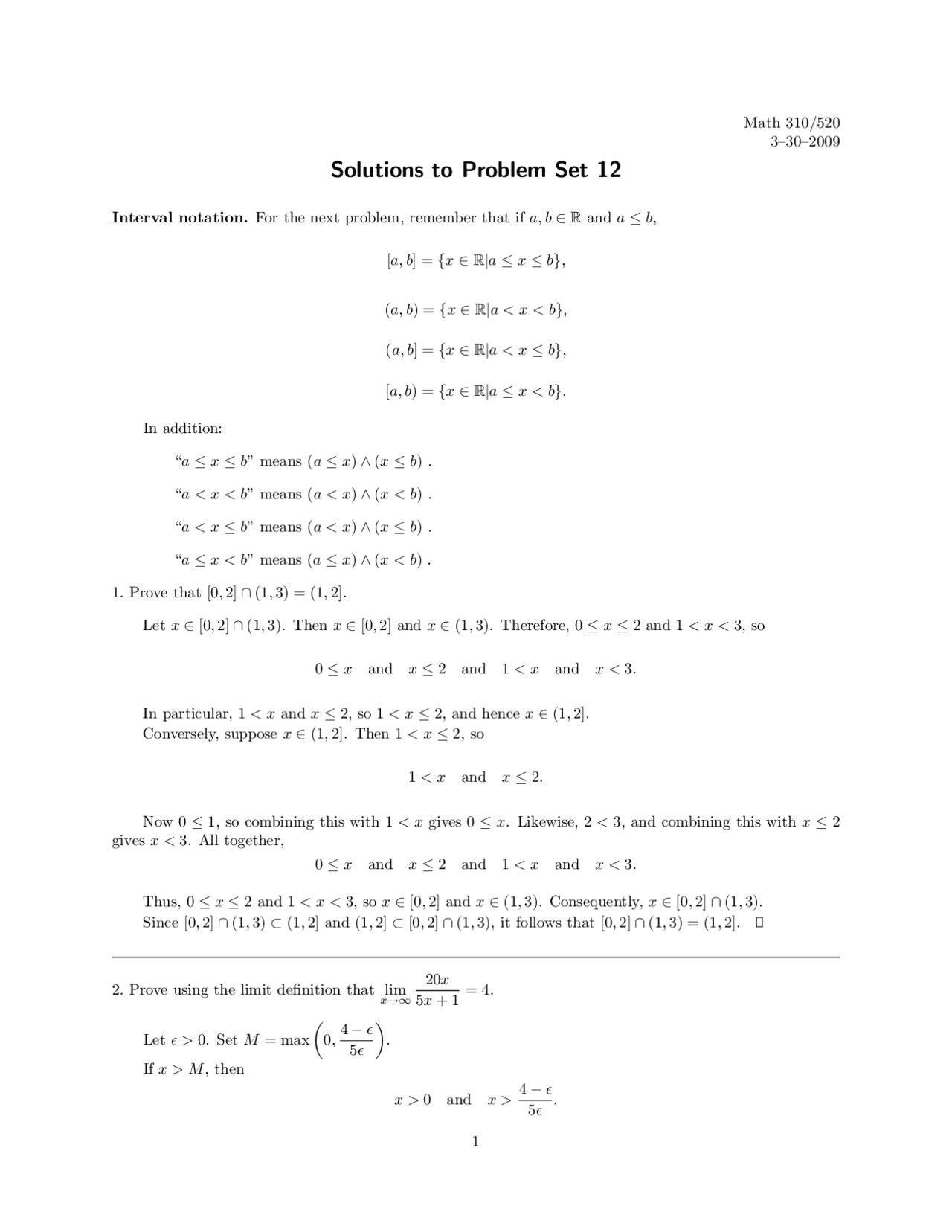 Solutions For Problem Set 12 Introduction To Mathematical Proof