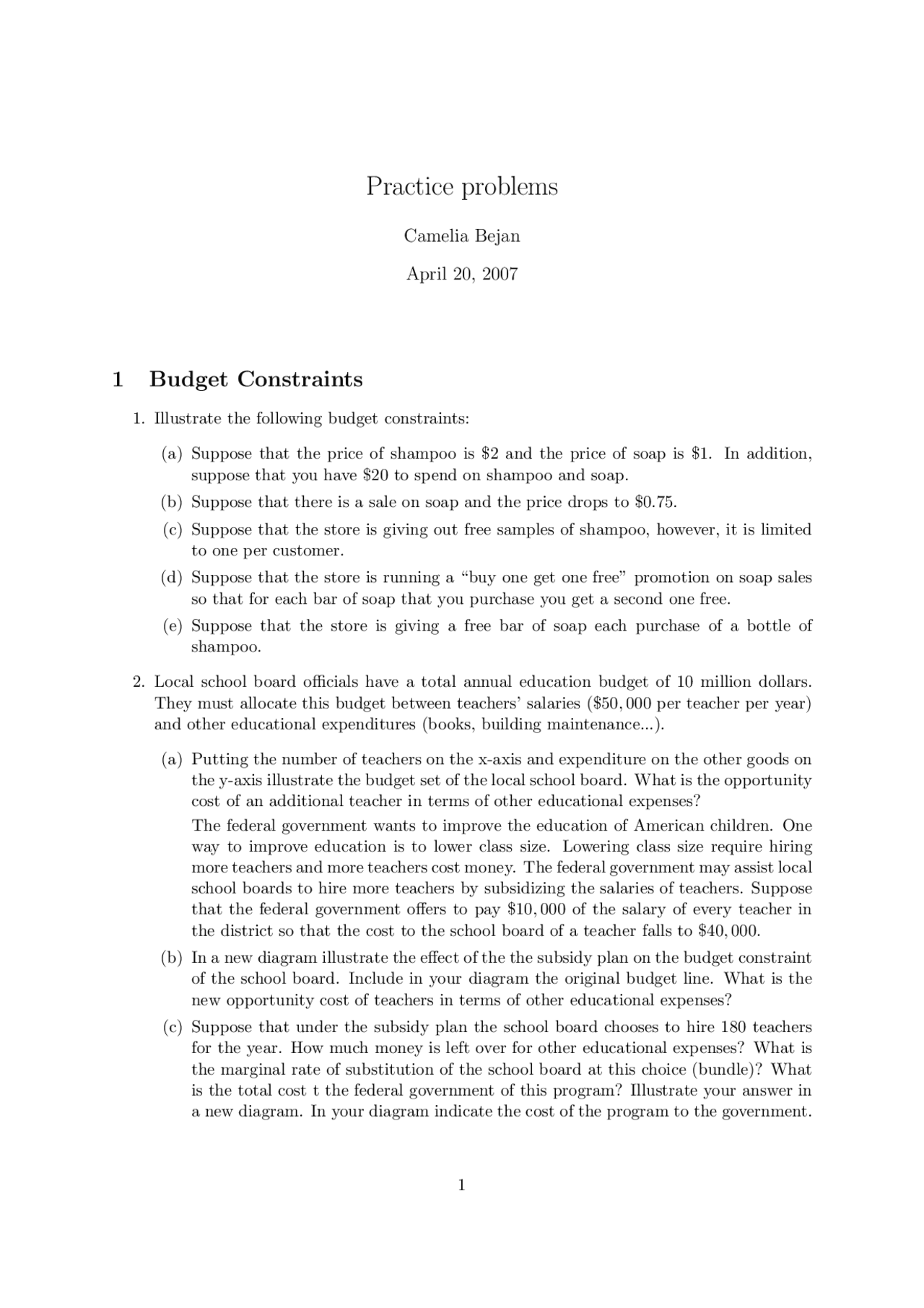 Practice Problems On Microeconomic Theory Econ 370 Docsity