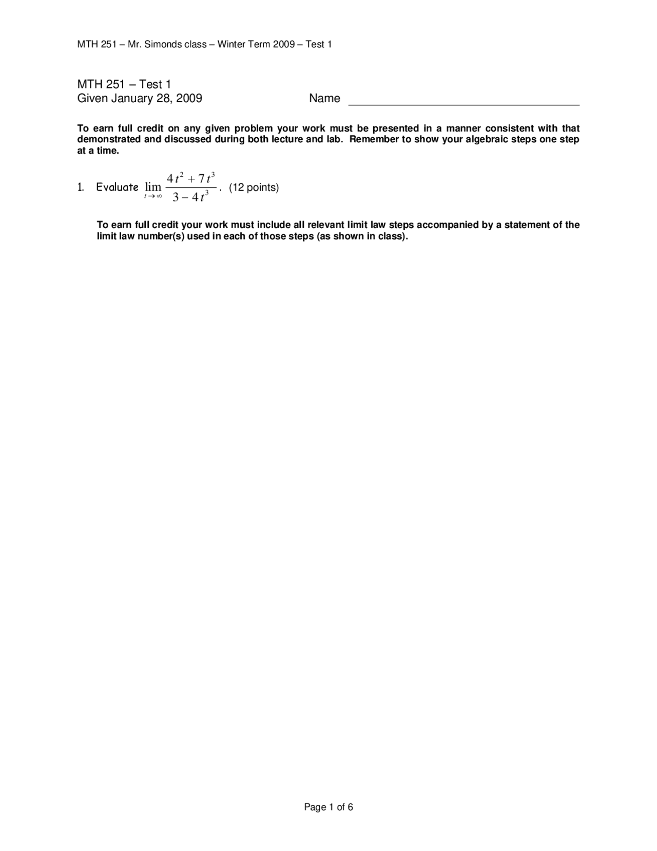 9 Problems On Calculus I Practice Test 1 Fall 2009 Mth 251 Docsity