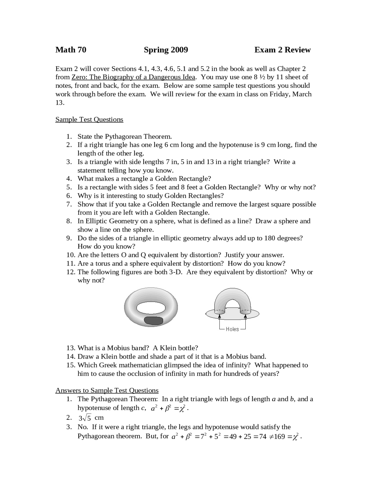 Exam 2 Review for Math 70, Spring 2009: Sample Test Questions and ...