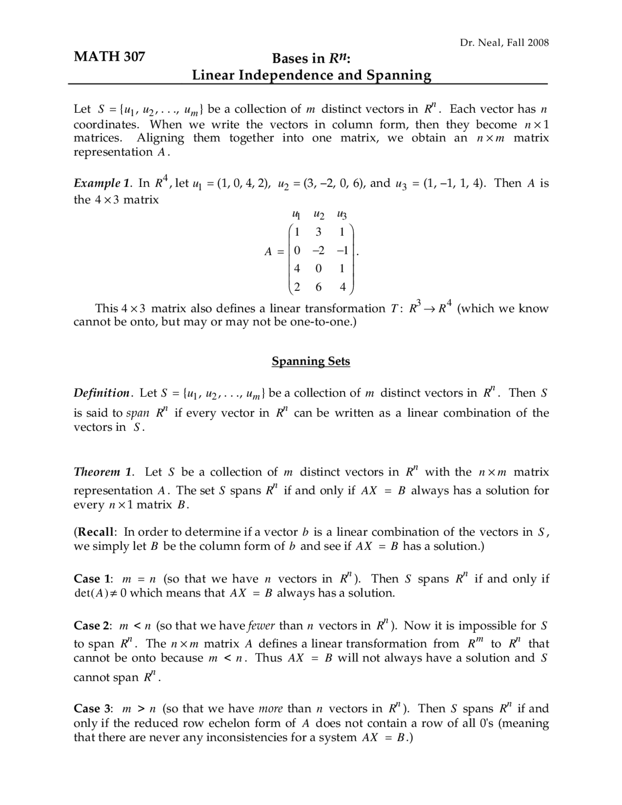 Basis in Rn: Linear Independence and Spanning | MATH 307 - Docsity