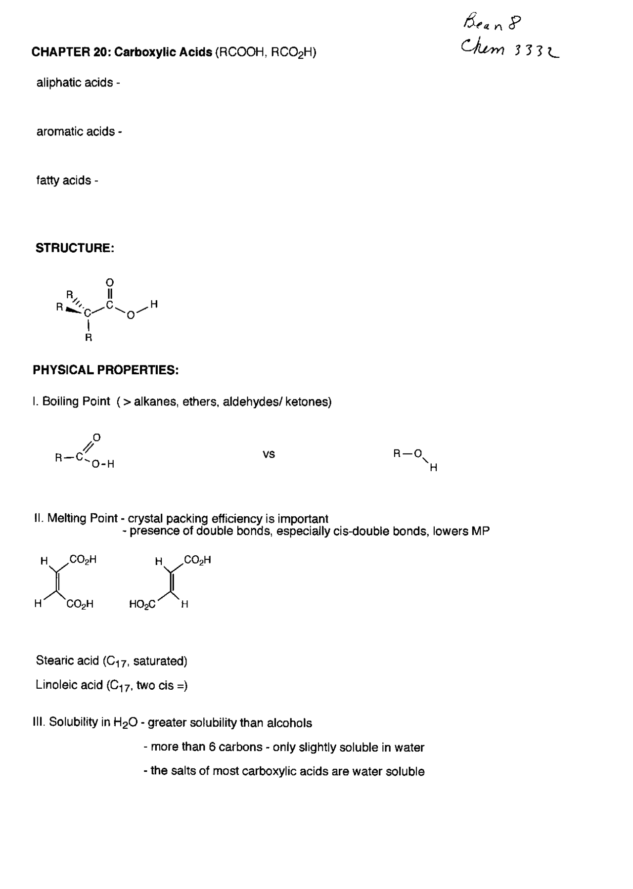 Carboxylic Acids RCOOH, RCO2H - Lecture Notes | CHEM 3332 - Docsity