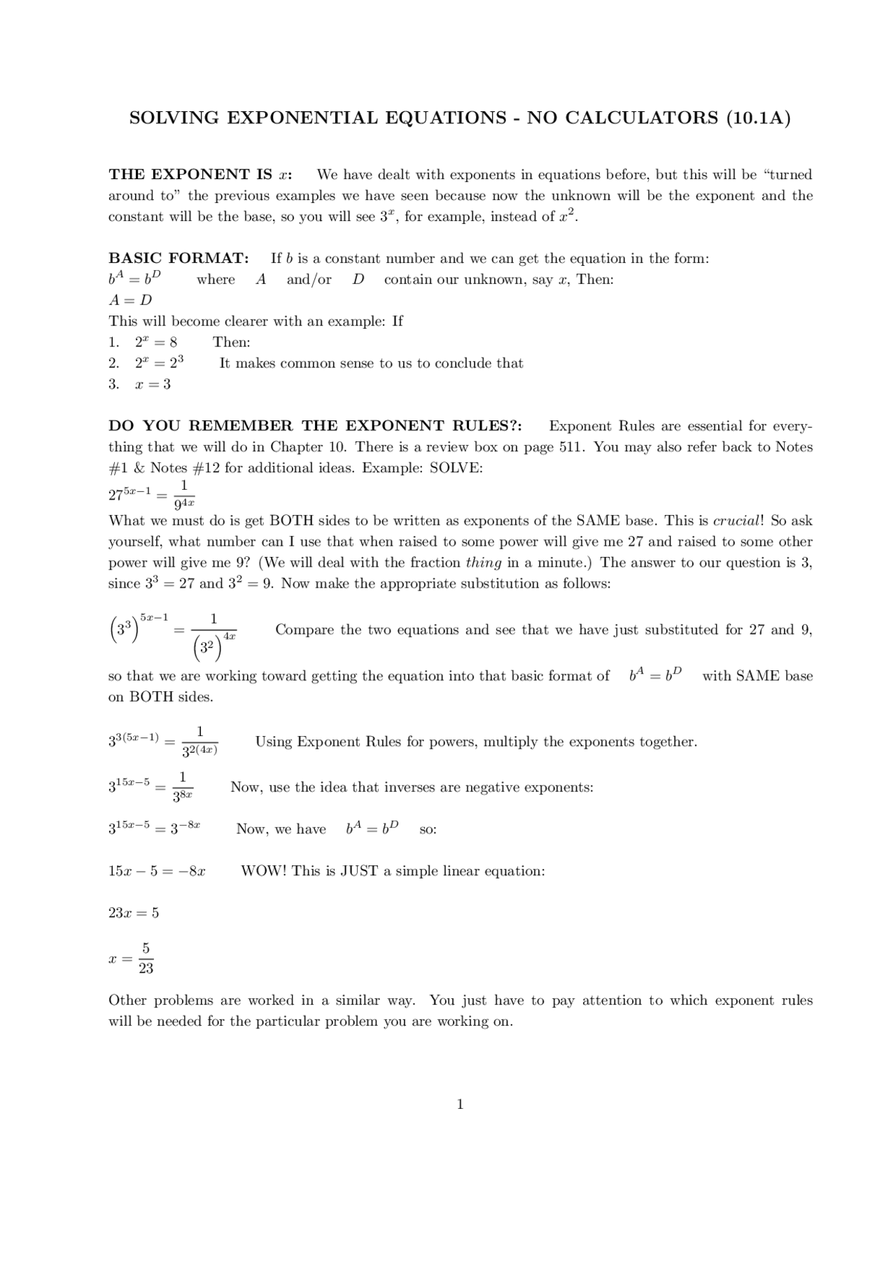 Exponential Equations Solved by Exponent Rule in Review Sheet | MS 112 ...