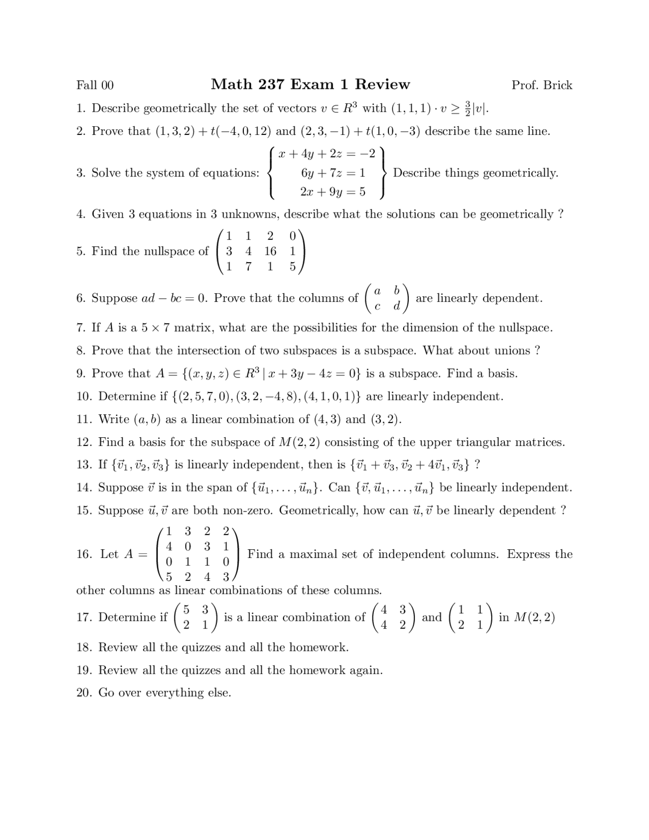 Exam 1 Review For Linear Algebra I Ma 237 Docsity