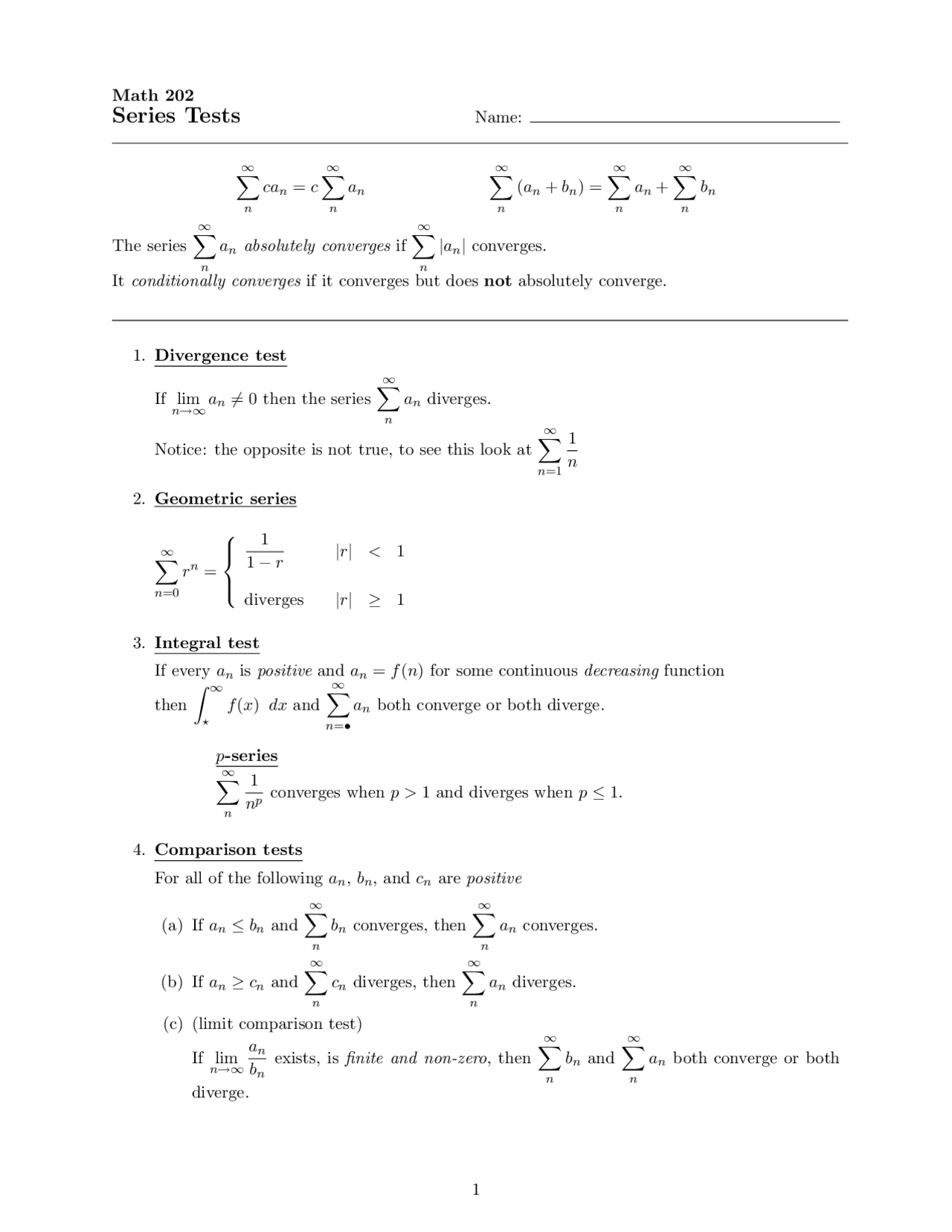 Divergence Test, Geometric Series, Integral Test, Comparison Test ...