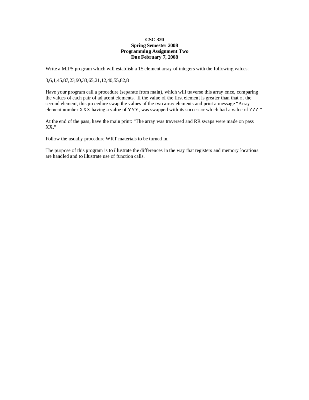 Computer Organization And Architecture Programming Assignment 2 Csc 320 Docsity