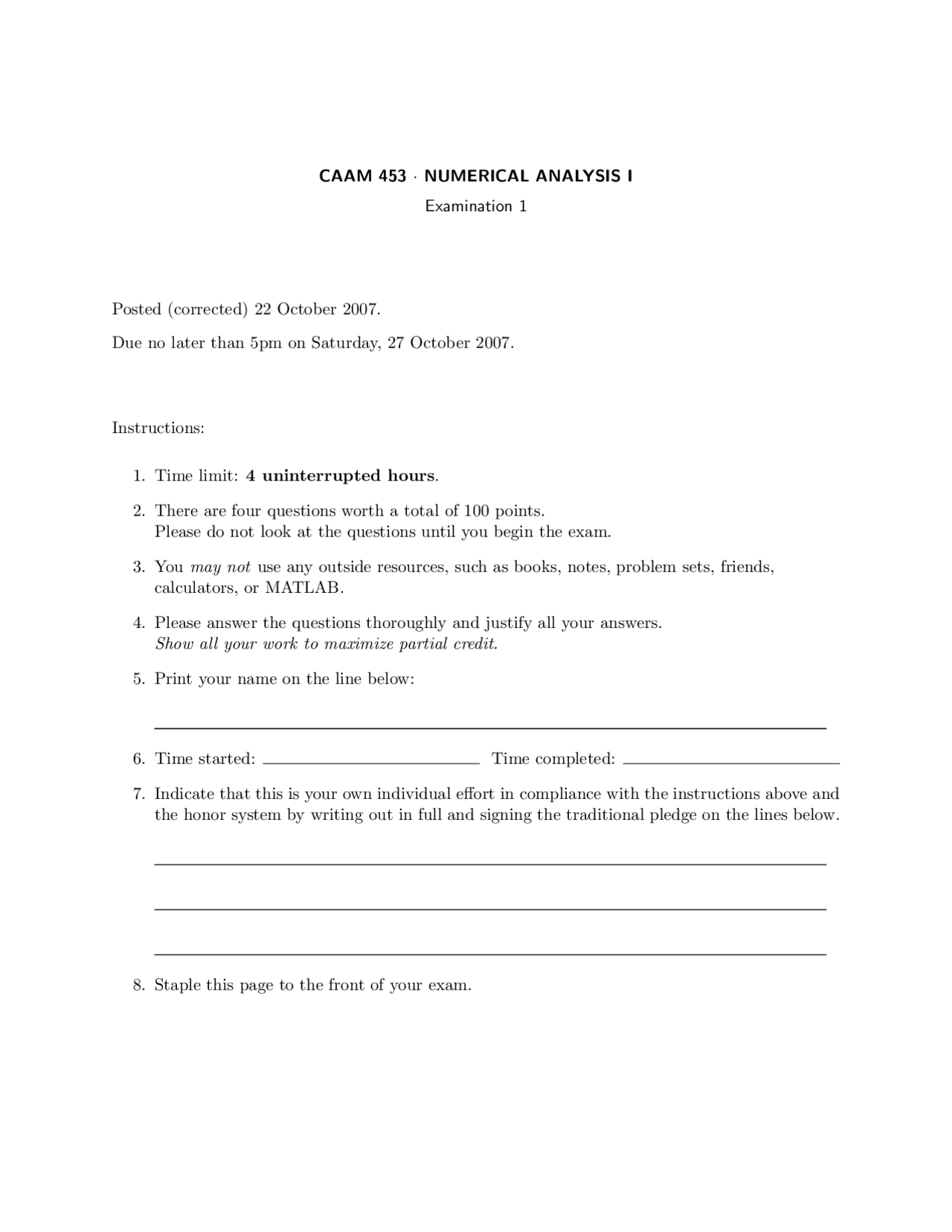 Exam 1 For Numerical Analysis I Caam 453 Docsity