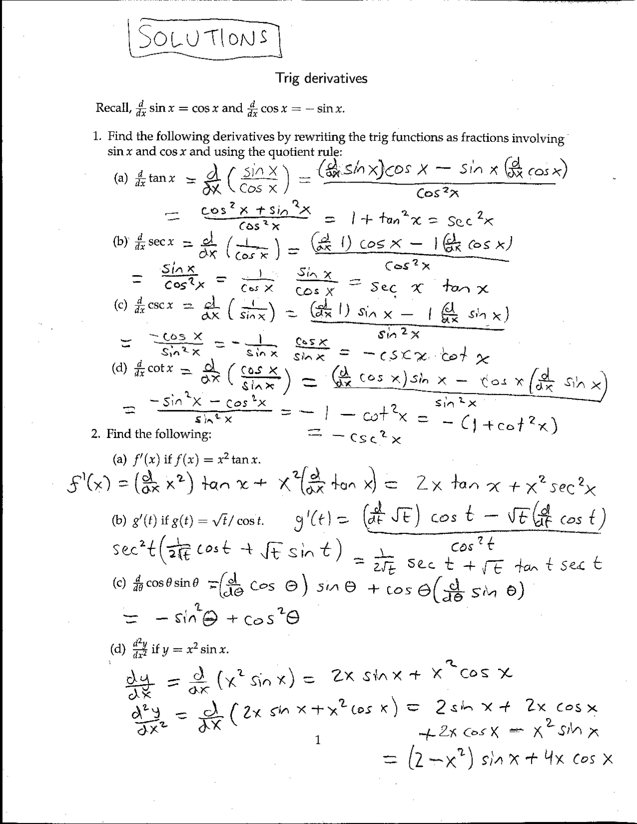 Trig Derivatives Solved for Calculus I | MATH 251 - Docsity