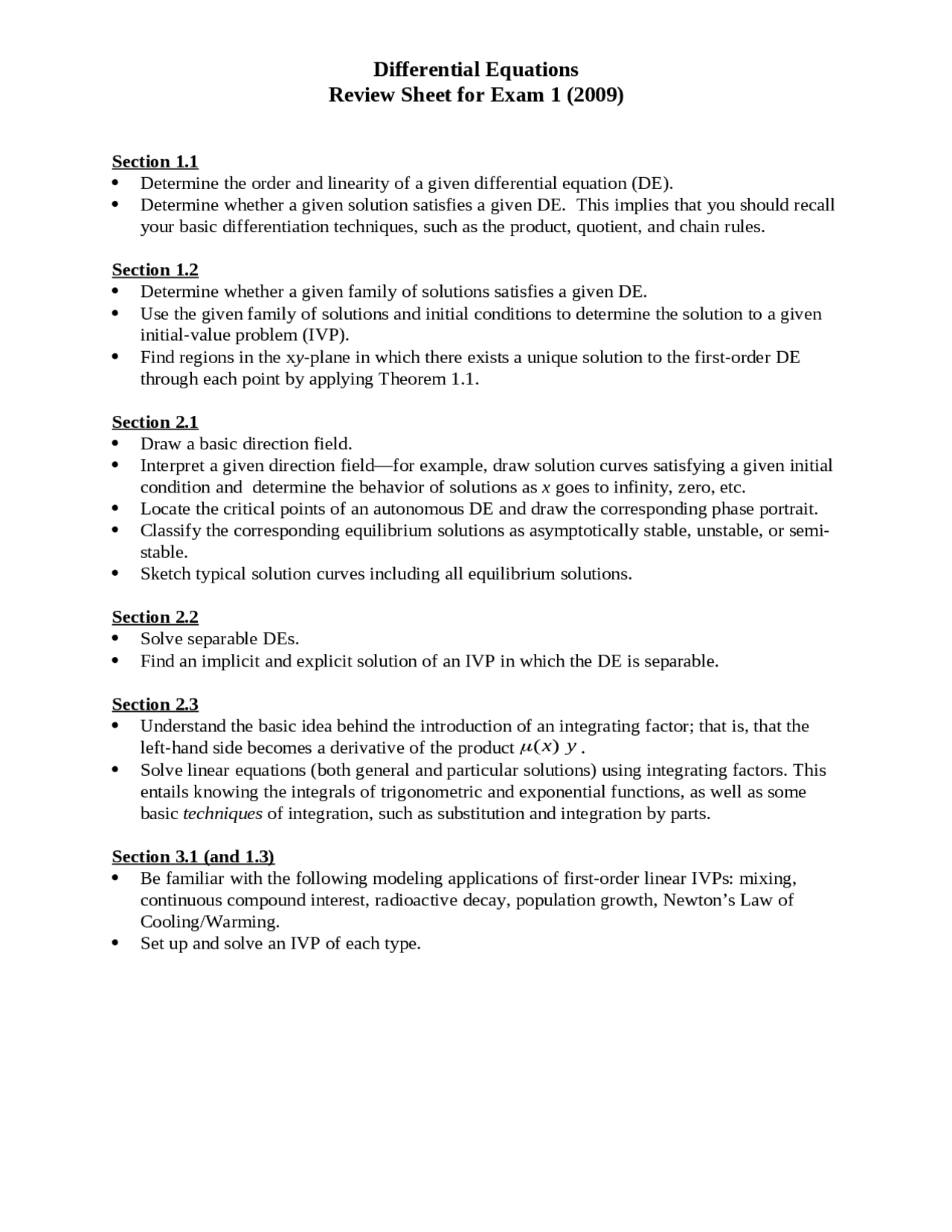 Problems On Differential Equations Review Sheet For Exam 1 Math