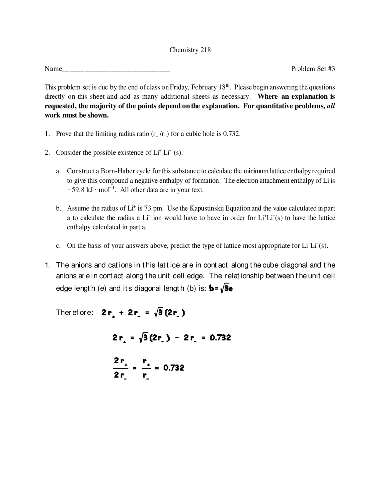 Introduction To Inorganic Chemistry Problem Set 3 Chm 218 Docsity
