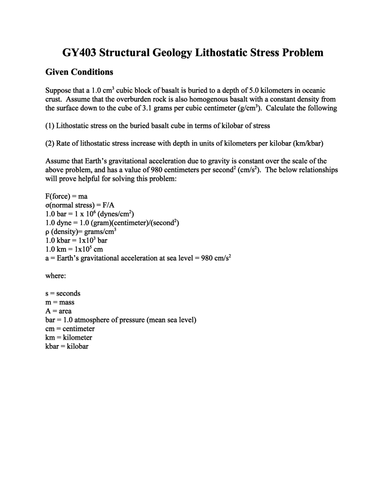 Structural Geology Lithostatic Stress Problem Gy 403 Docsity