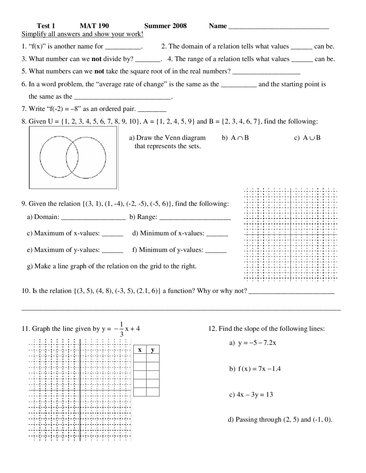 19 Questions on on Values of Domain - Exam 1 | MAT 1101 - Docsity