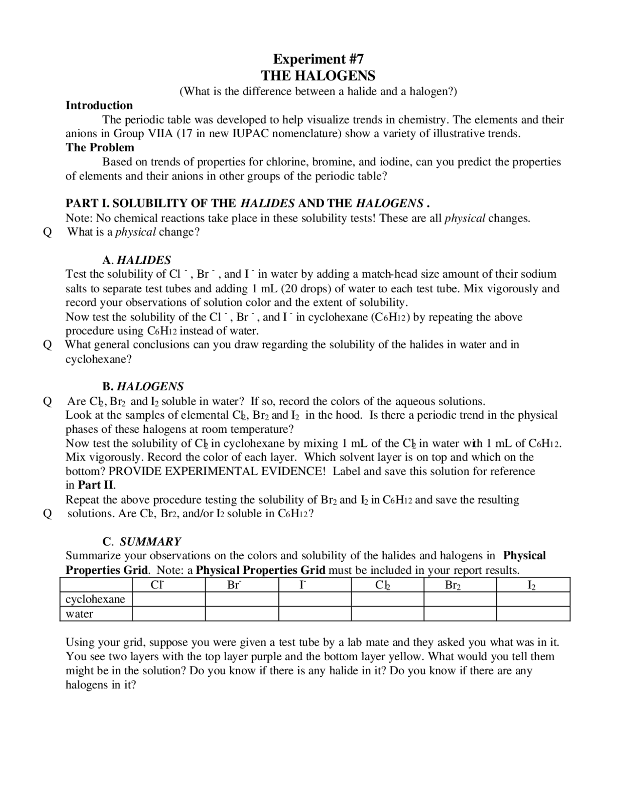 Experiment 7 - The Halogens - Advanced General Chemistry | CHEM 140 ...