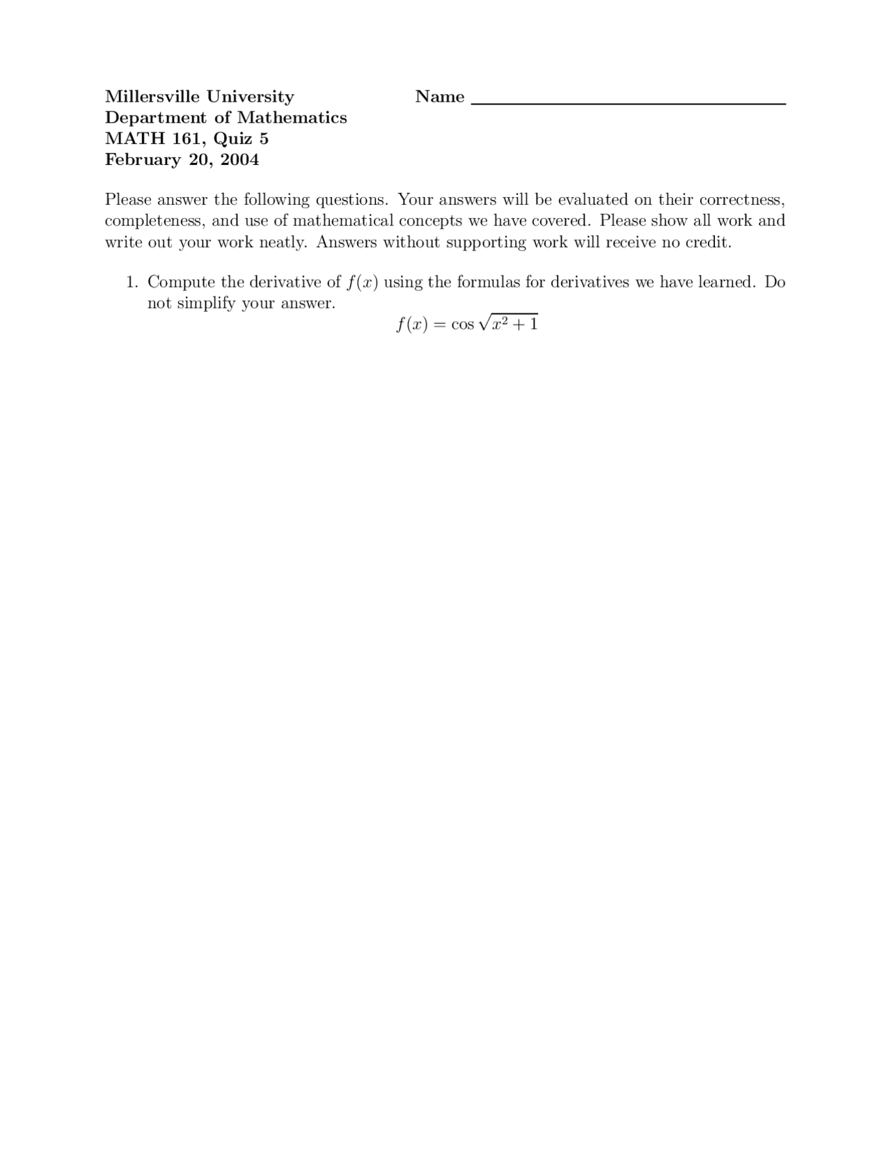 Calculus 1 - Sample Quiz 5 Questions | MATH 161 - Docsity