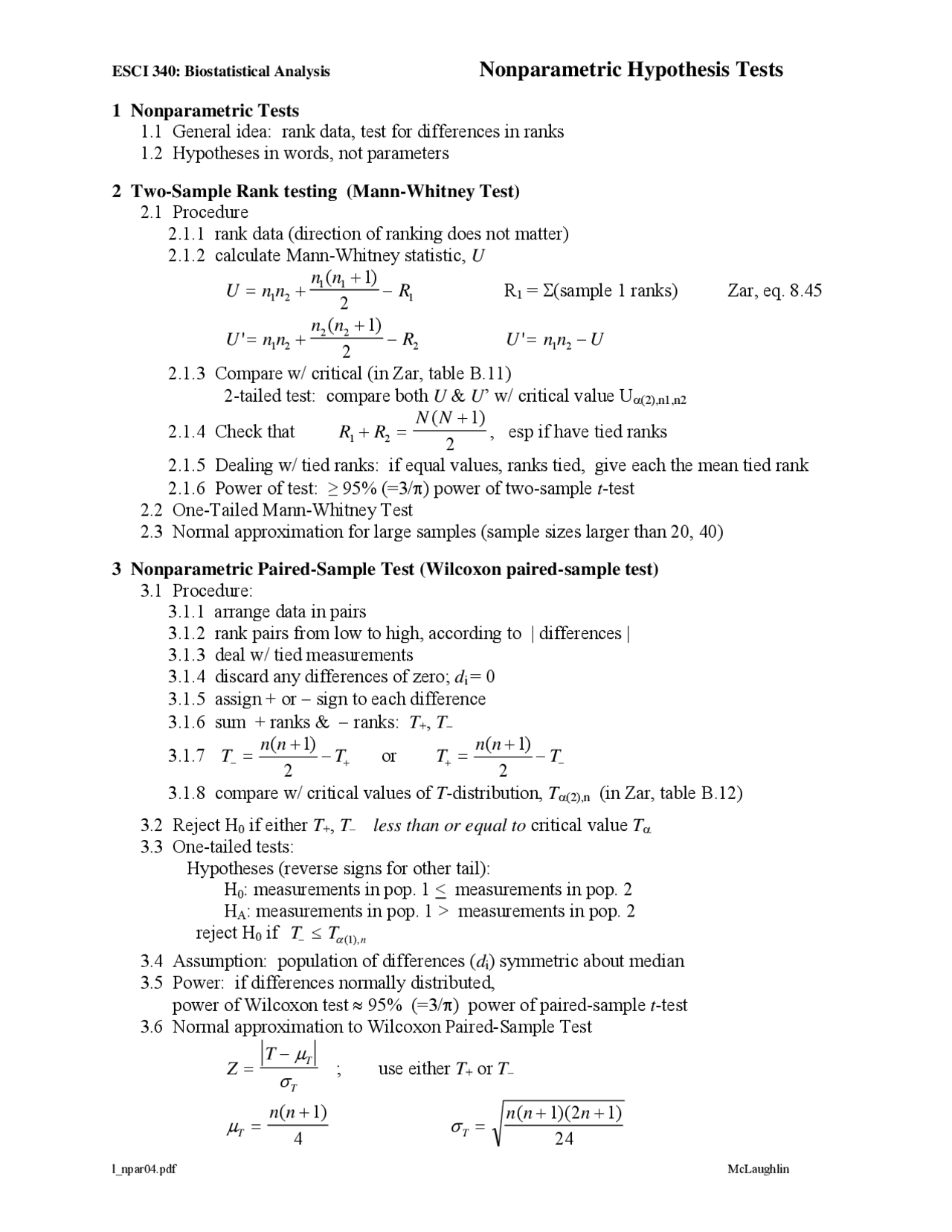 Nonparametric Hypothesis Tests Biostatistical Analysis Esci 340