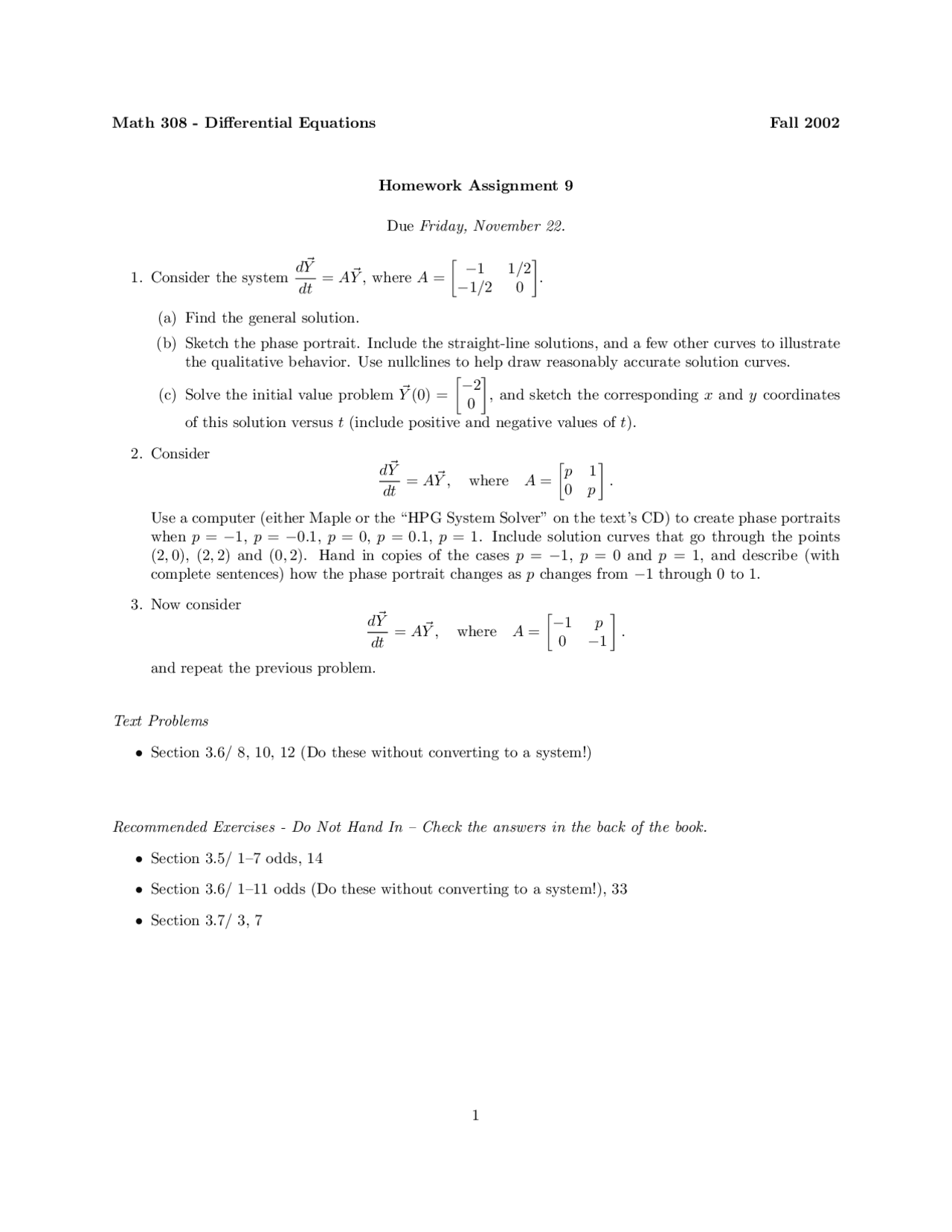 Assignment 9 Sample Problems Differential Equations Math 308