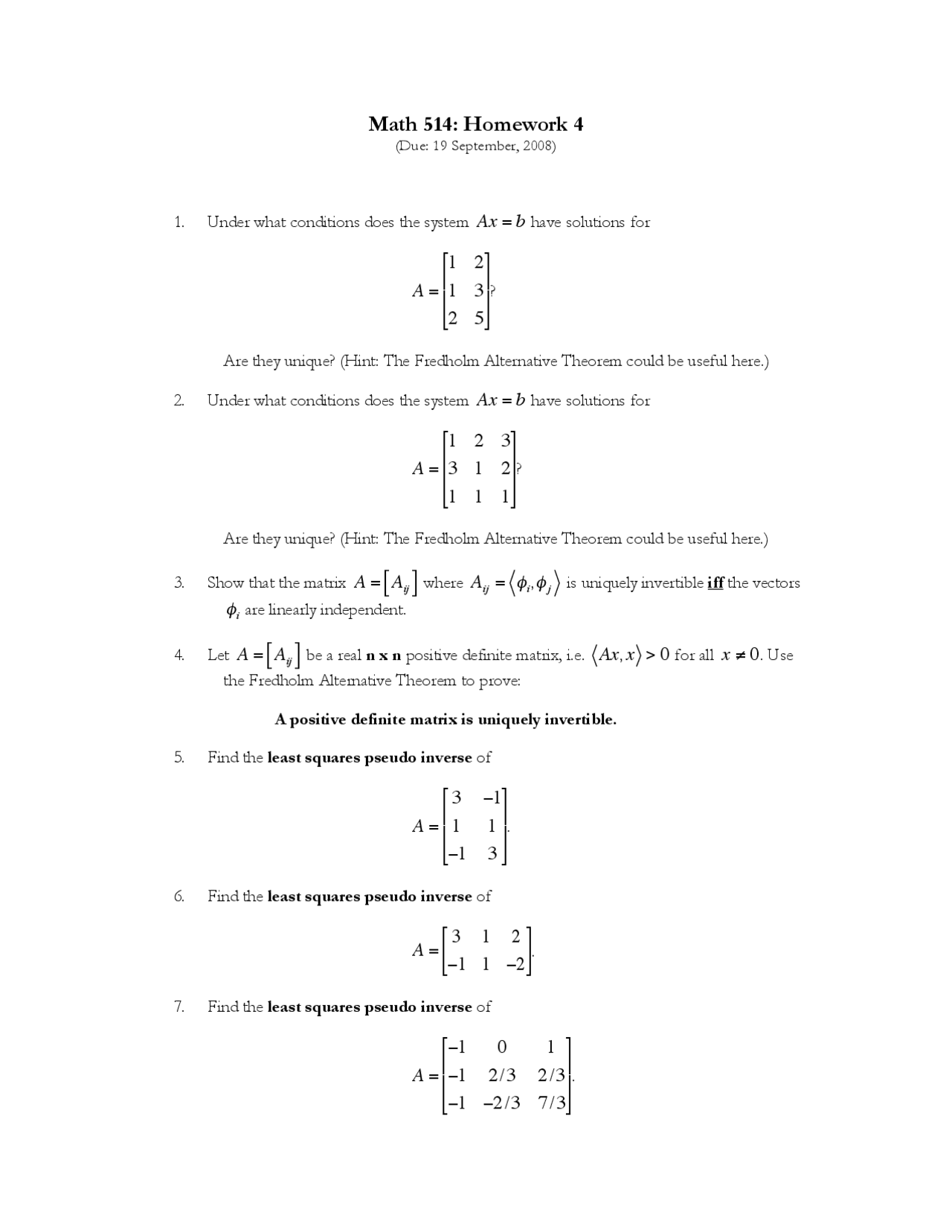 Homework 4 Applied Mathematics I Math 514 Docsity