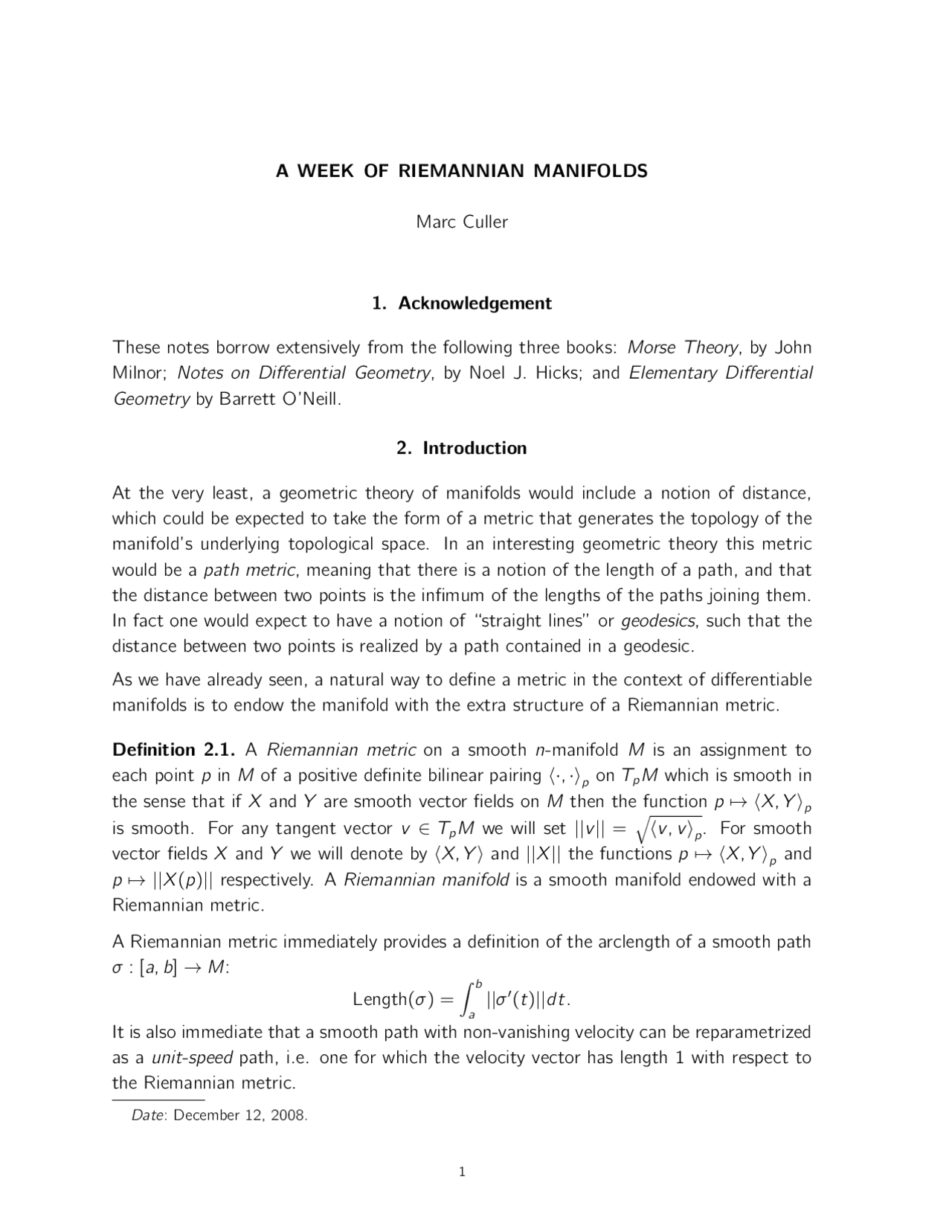 Notes On Introduction To A Wheel Of Riemannian Manifolds Math 549