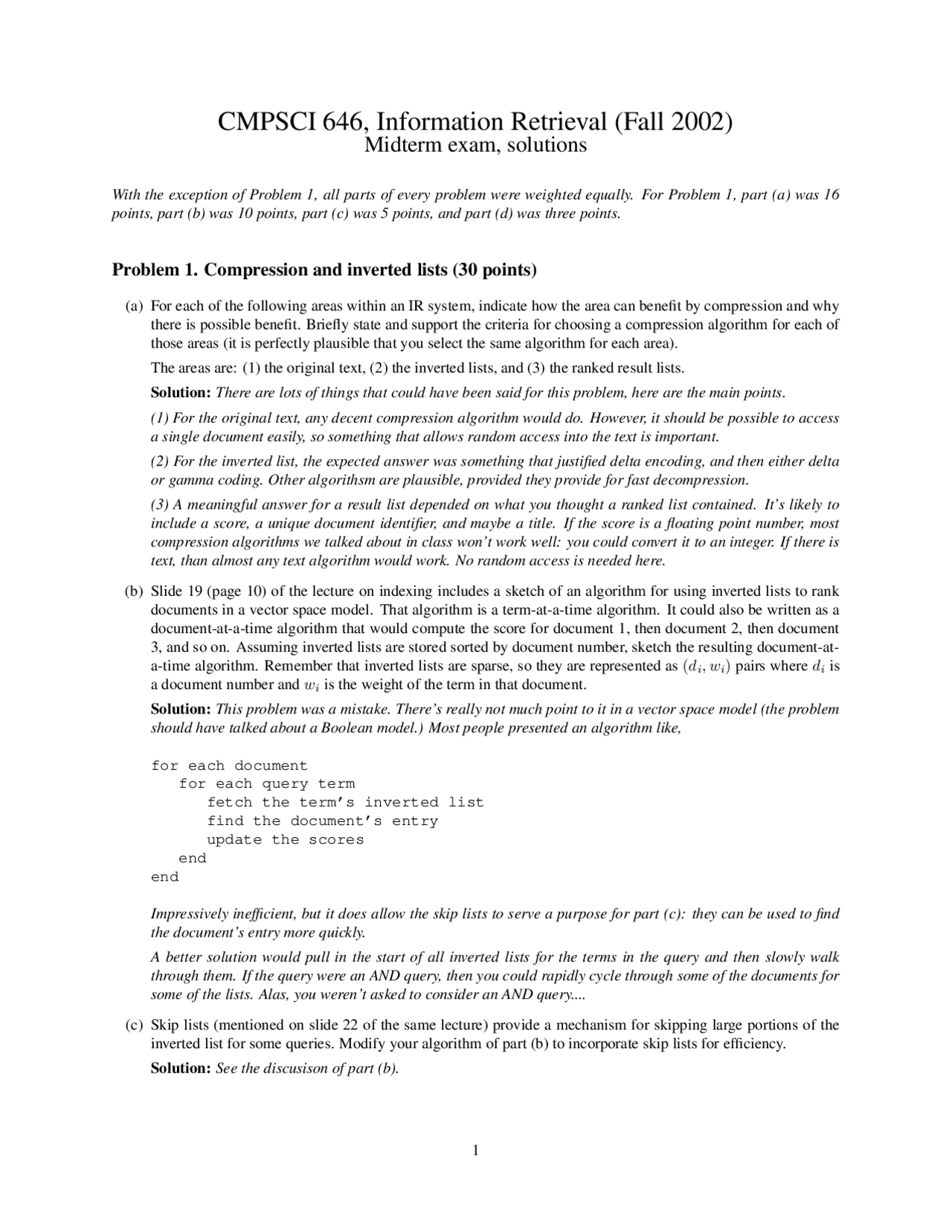 Midterm Exam Solutions For Information Retrieval Cmpsci 646 Docsity