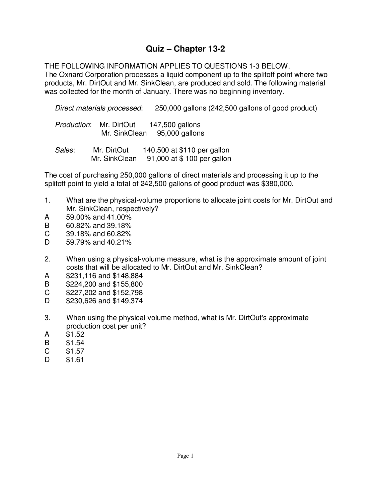 Quiz For Cost Accounting For Managers Acct 310 Docsity