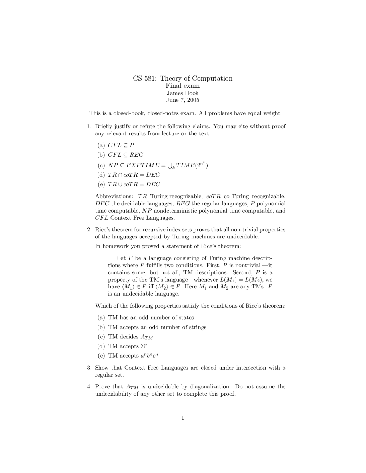 Theories Of Computation Final Exam Cs 581 Docsity