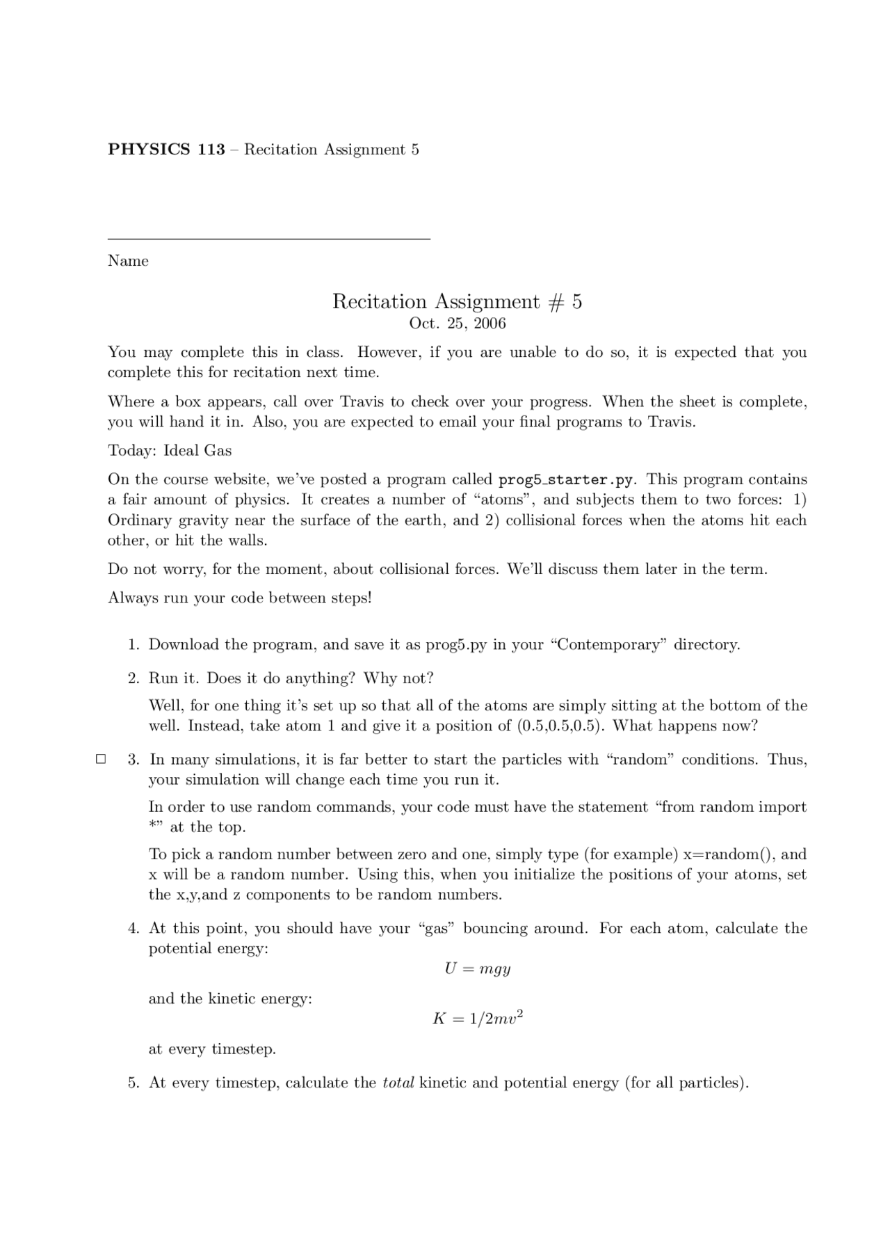 Solved Problems On Recitations Assignment 5 Phys 113 Docsity