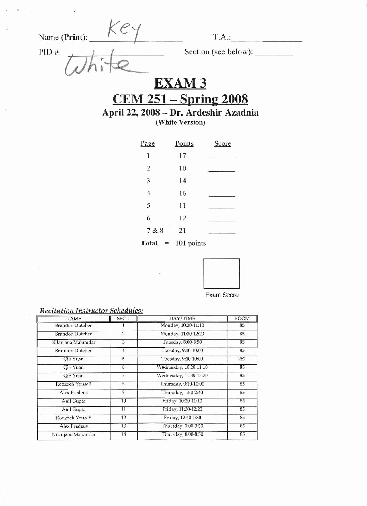Exam 3 Answers Key Organic Chemistry I Cem 251 Docsity