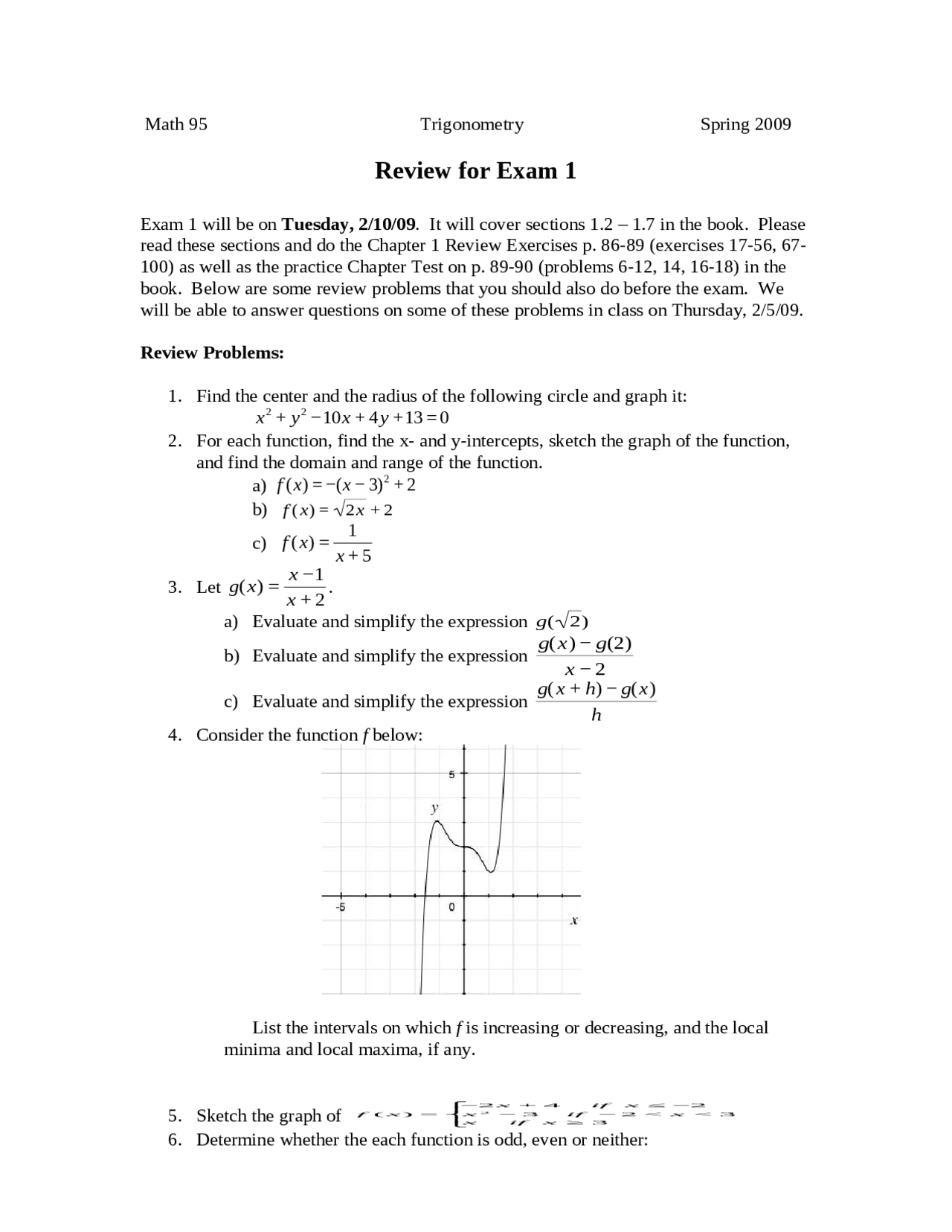 9 Problem On Trigonometry Examination 1 Math 95 Docsity