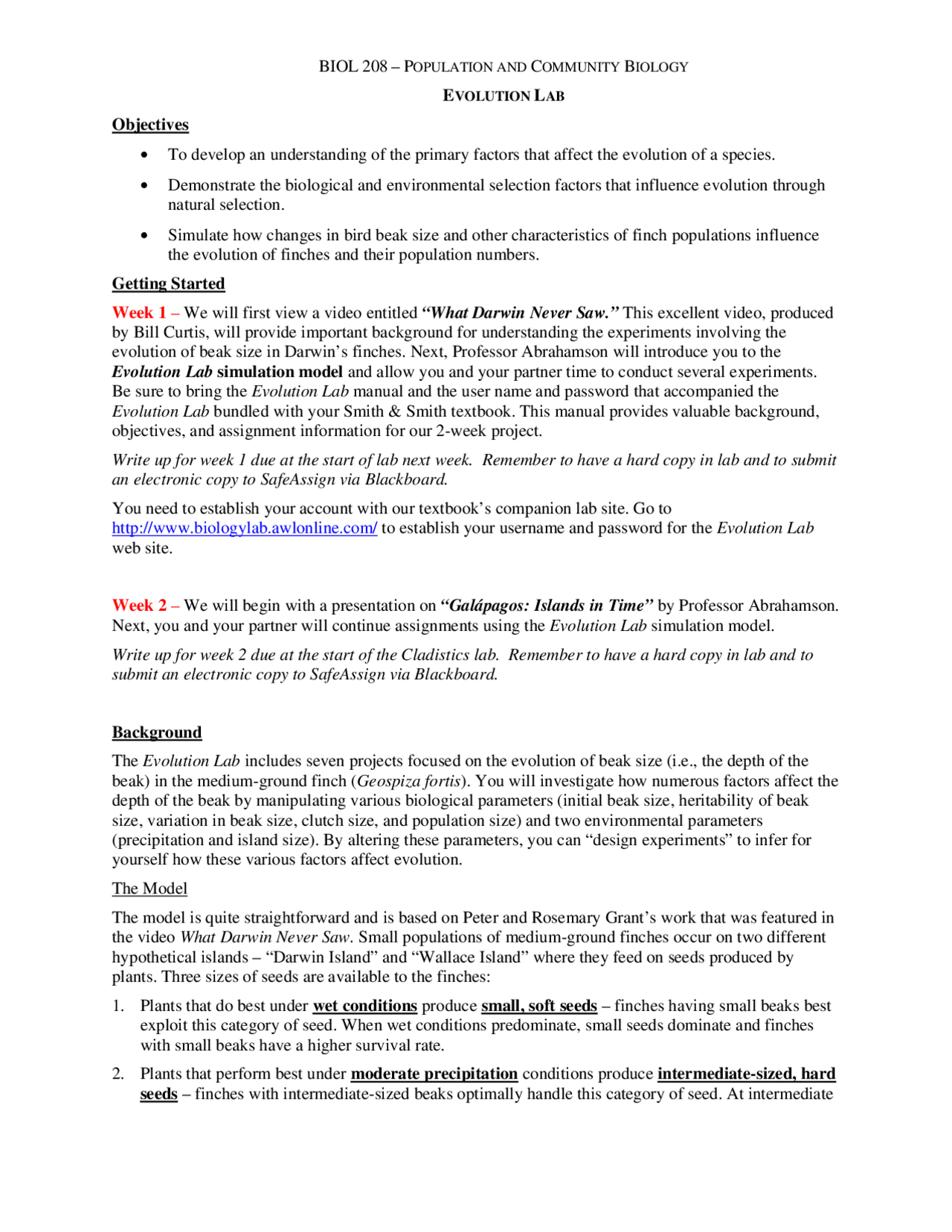 Population And Community Biology Evolution Lab Biol 208 Docsity