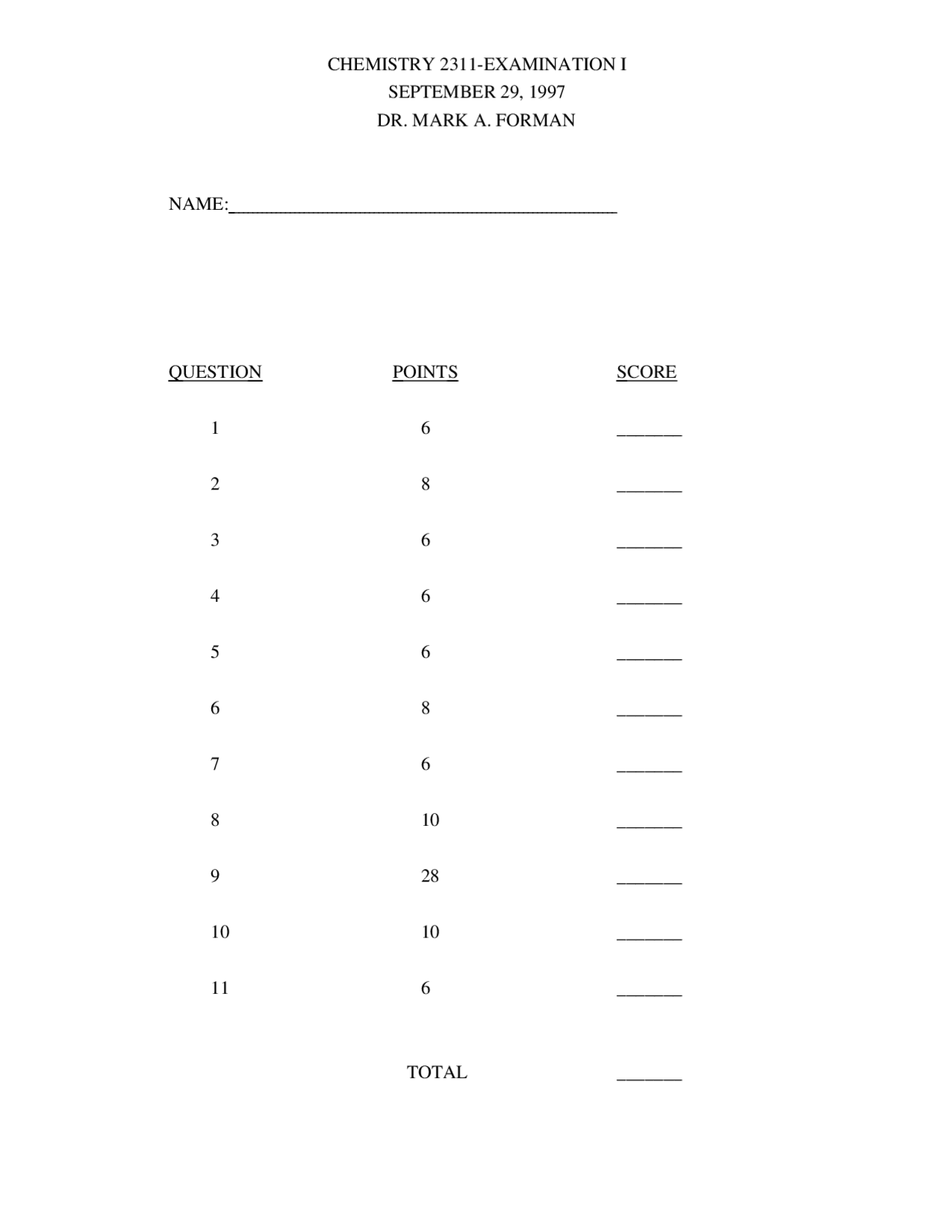 11 Questions On Organic Chemistry I Exam 1 Chm 2311 Docsity