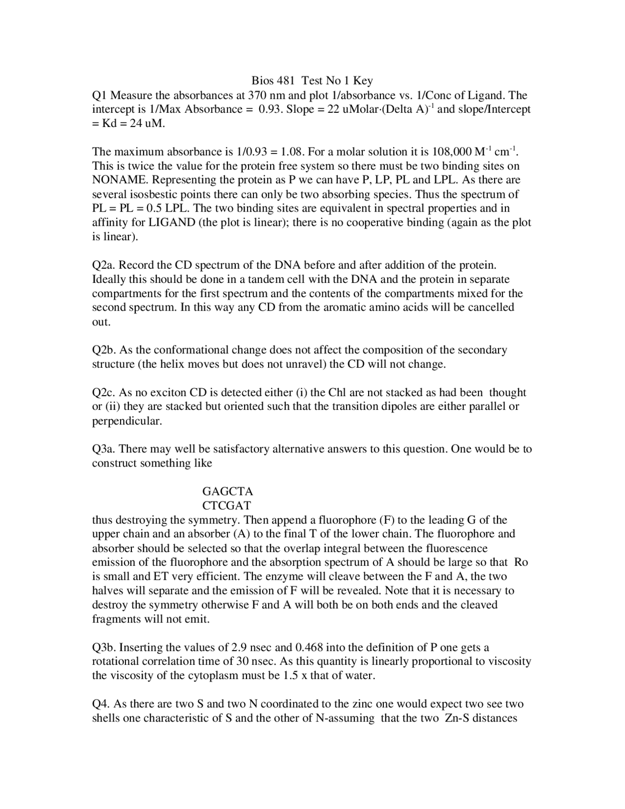 Practice Exam 1 Solutions Molecular Biophysics I Bios 481 Docsity