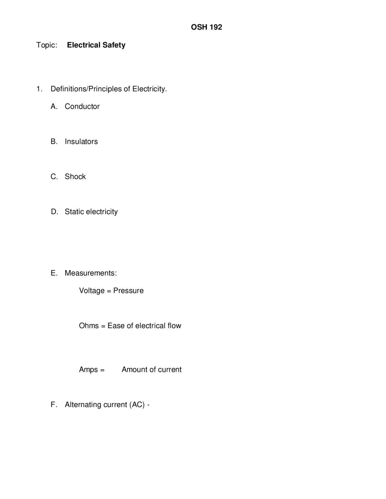 Principles of Electricity in Electrical Safety - Outline | OSH 192 ...