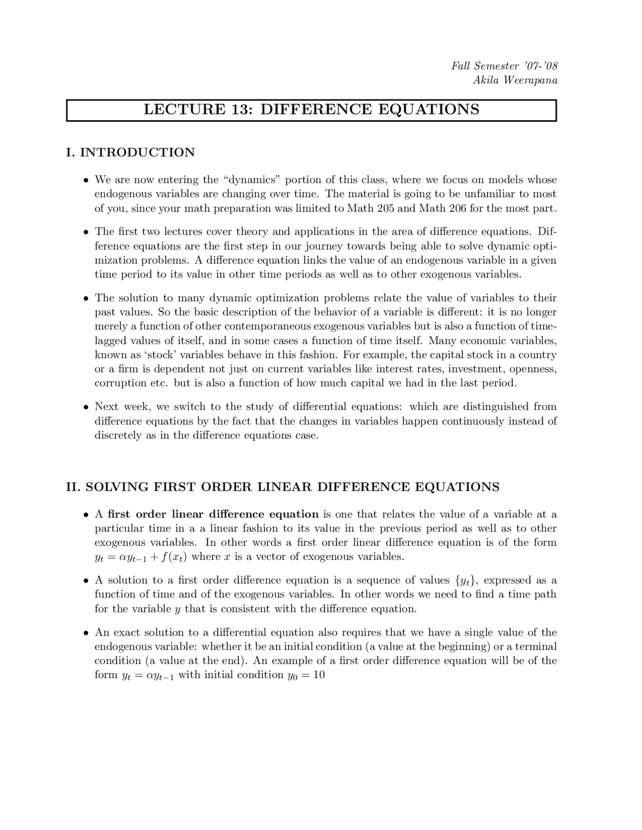 Difference Equations Lecture Notes Math 205 Docsity