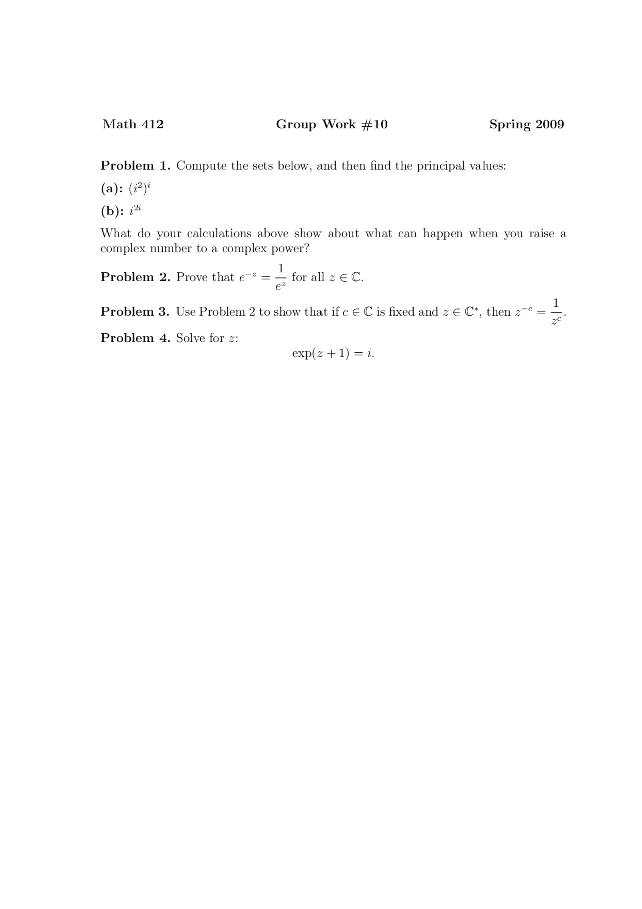 4 Questions on Complex Analysis - Assignment 10 | MATH 412 | Assignments Mathematics | Docsity