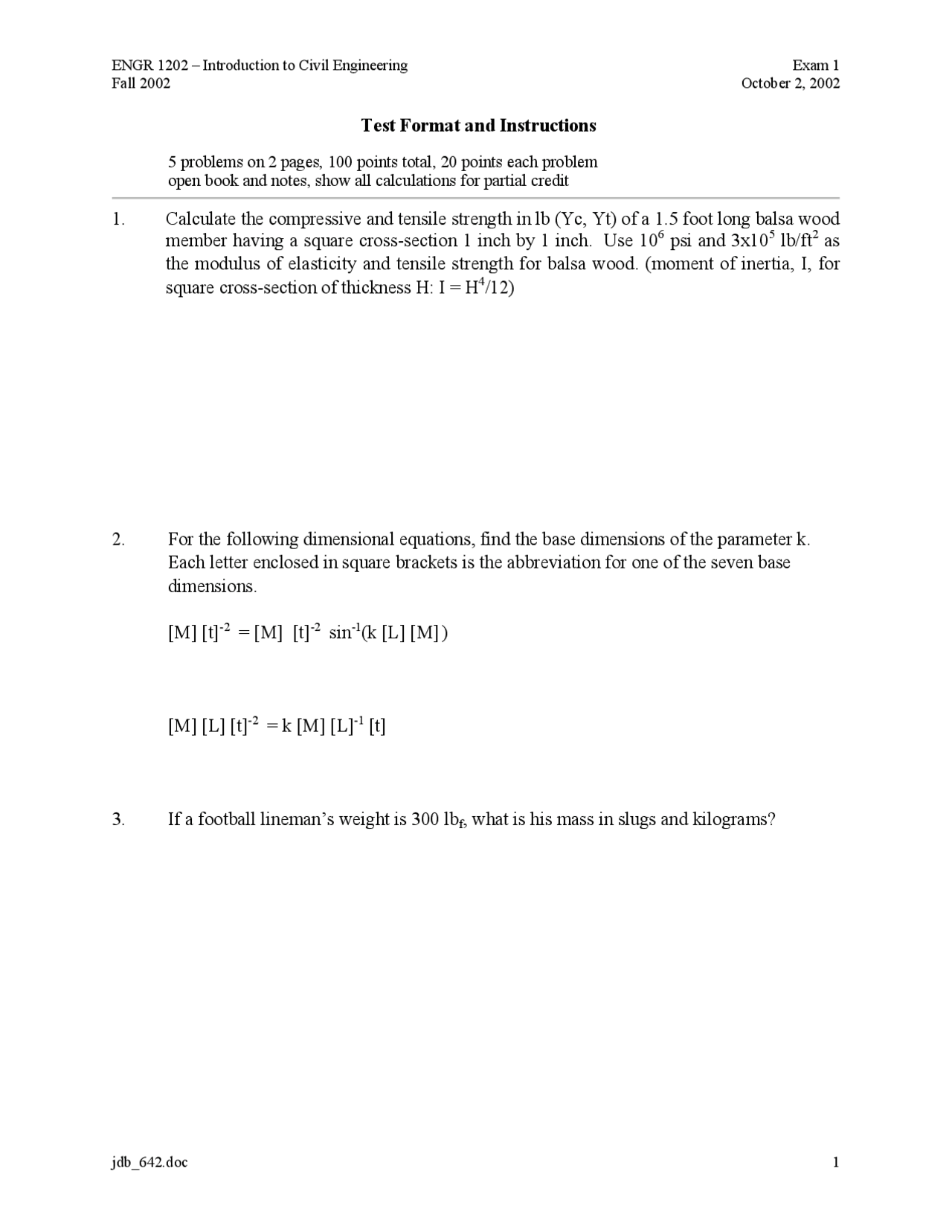 5 Problems On Exam Of Introduction To Civil Engineering Engr 1202