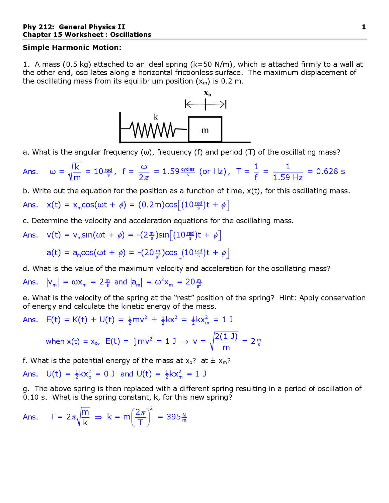 Worksheet 15 On Oscillator General Physics Calculus Phy 212 Docsity