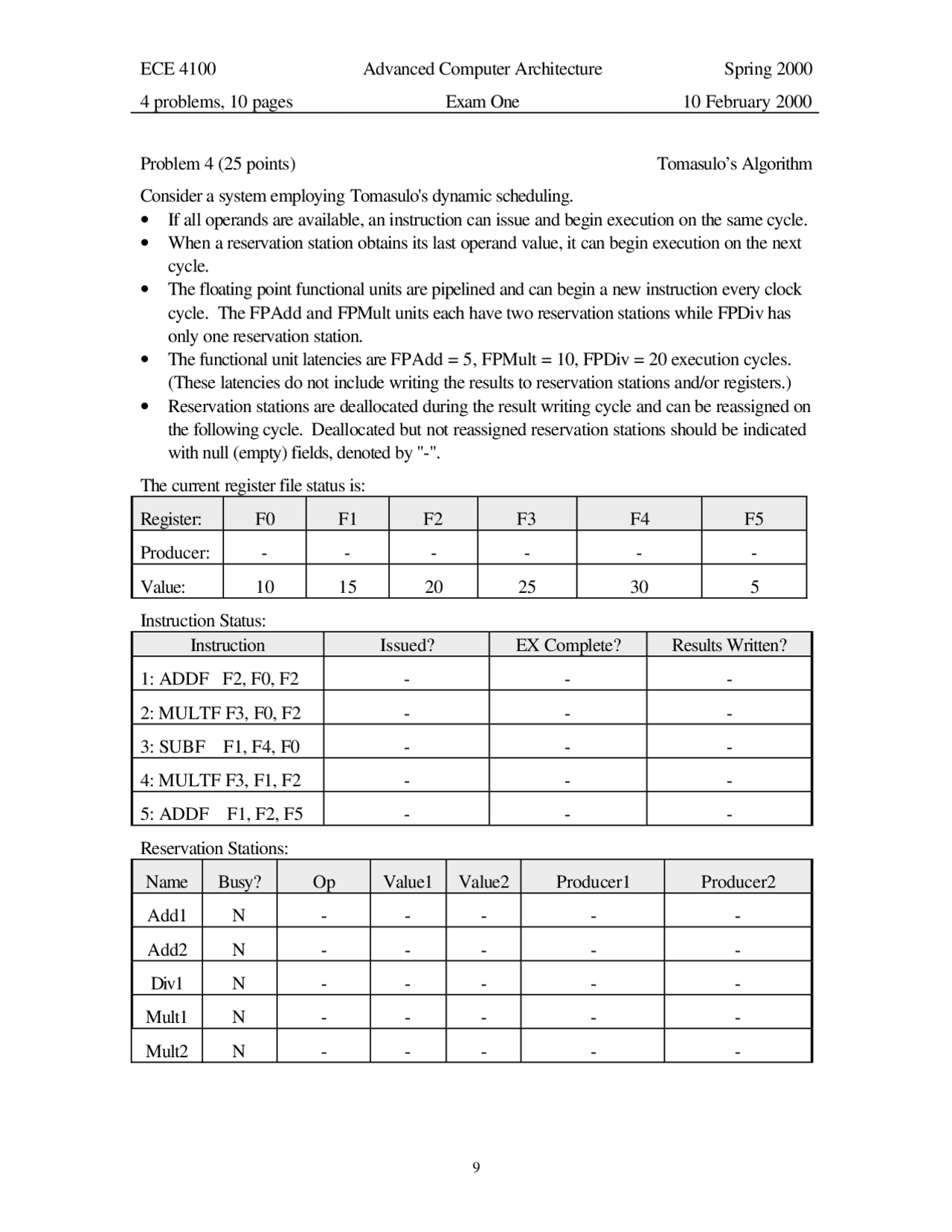 Problems Of Advanced Computer Architecture Exam 1 Ece 4100 Docsity