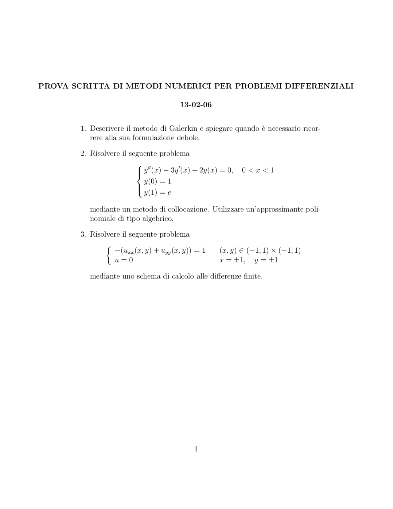 Metodi Numerici Per Problemi Differenziali Esame 13022006 Docsity