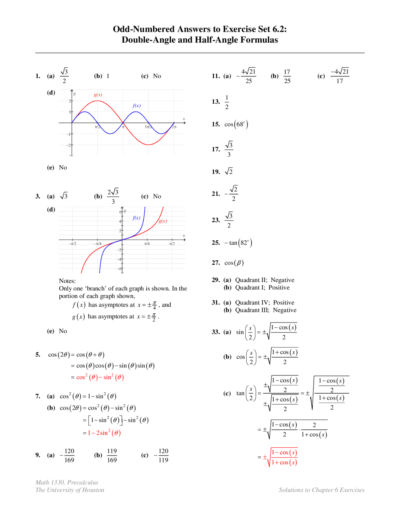 Odd Numbered Answers - Double-Angle, Half Angle Formulas - Precalculus ...