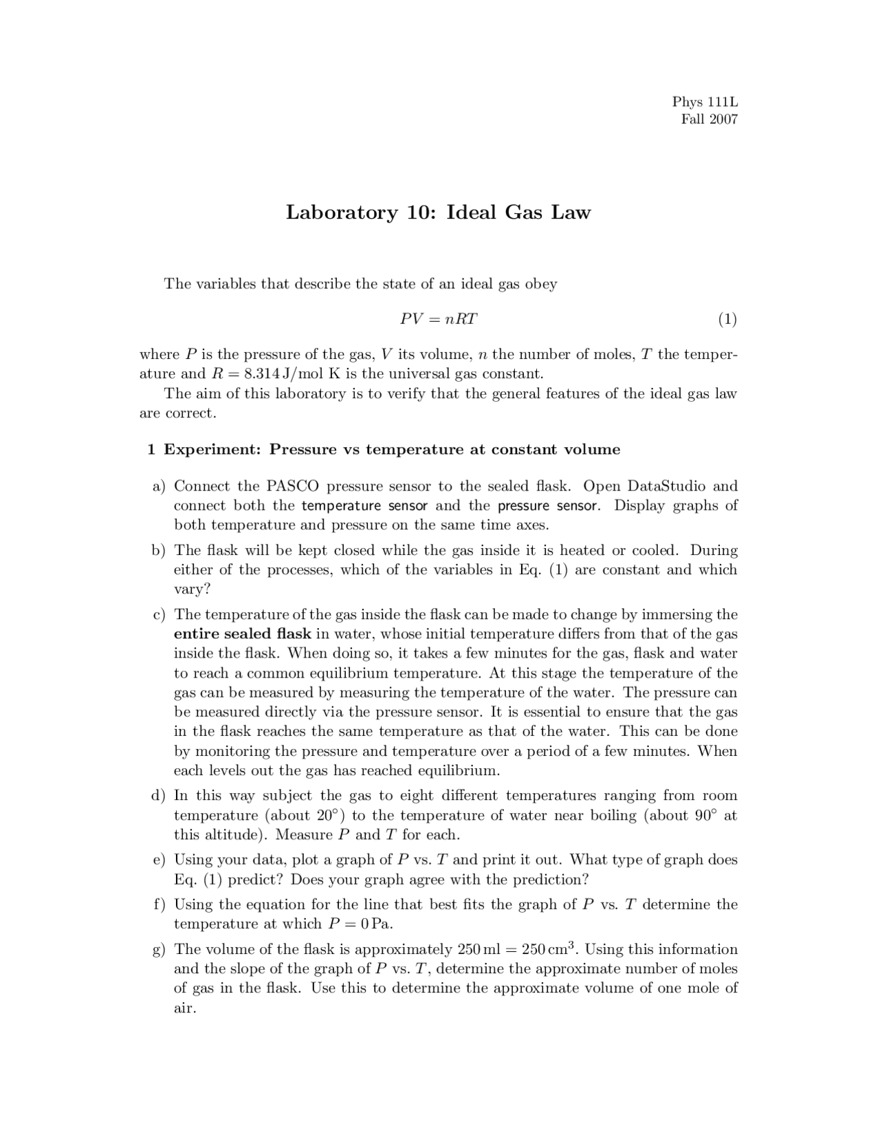 Ideal Gas Law - General Physics - Fall 2007 | PHYS 111 - Docsity