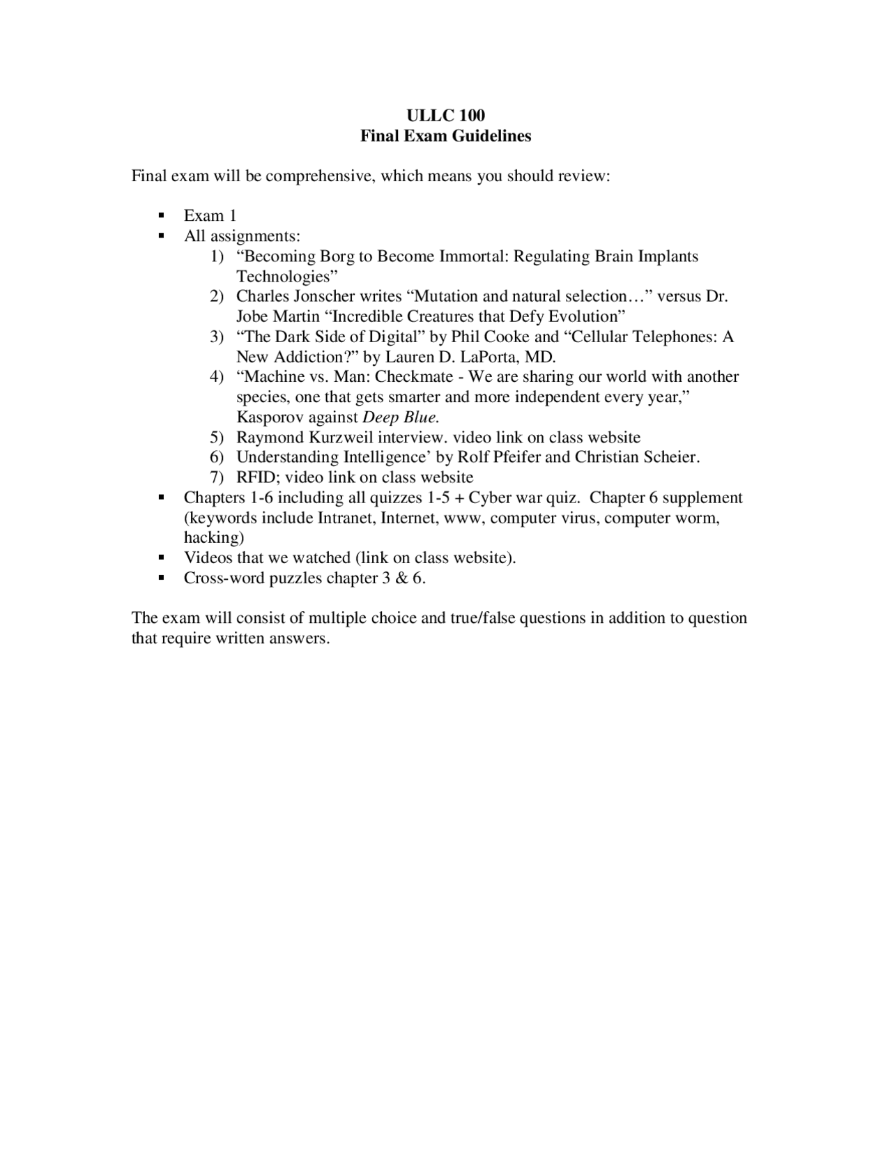 First Year Seminar Final Exam Guidelines Ullc 100 Docsity