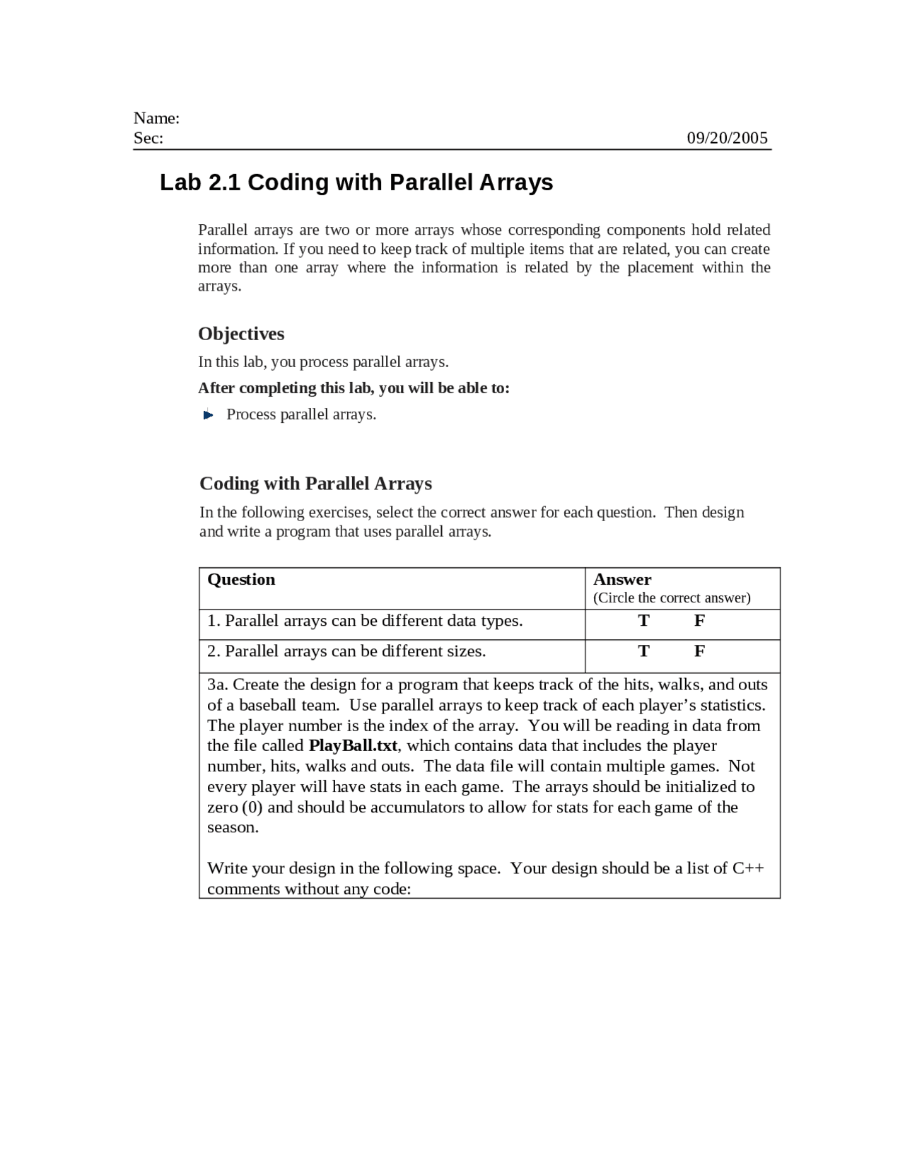 Lab Programming Fundamentals Ii Coding With Parallel Arrays Csci 6828