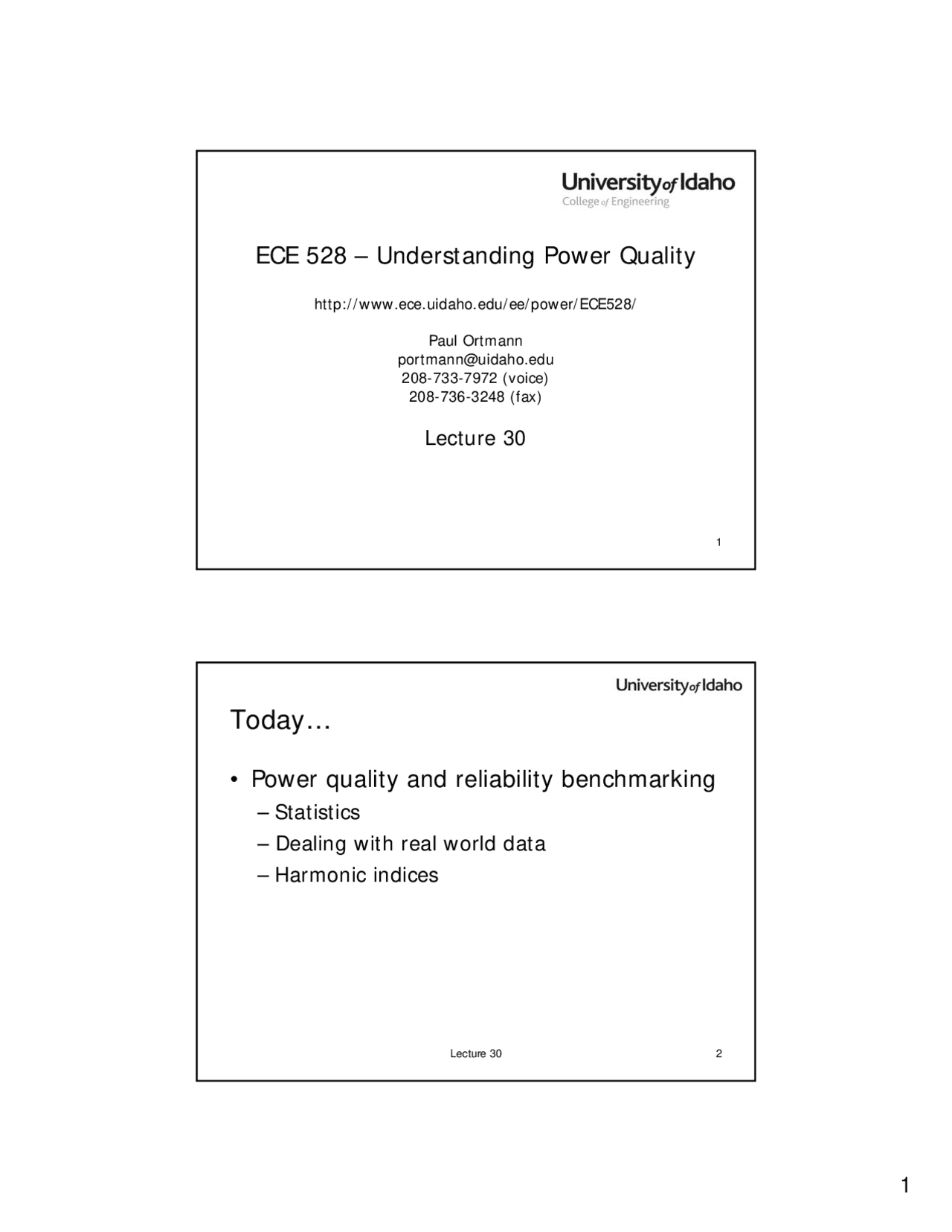 Power Quality and Reliability Benchmarking - Lecture Slides | ECE 528 ...