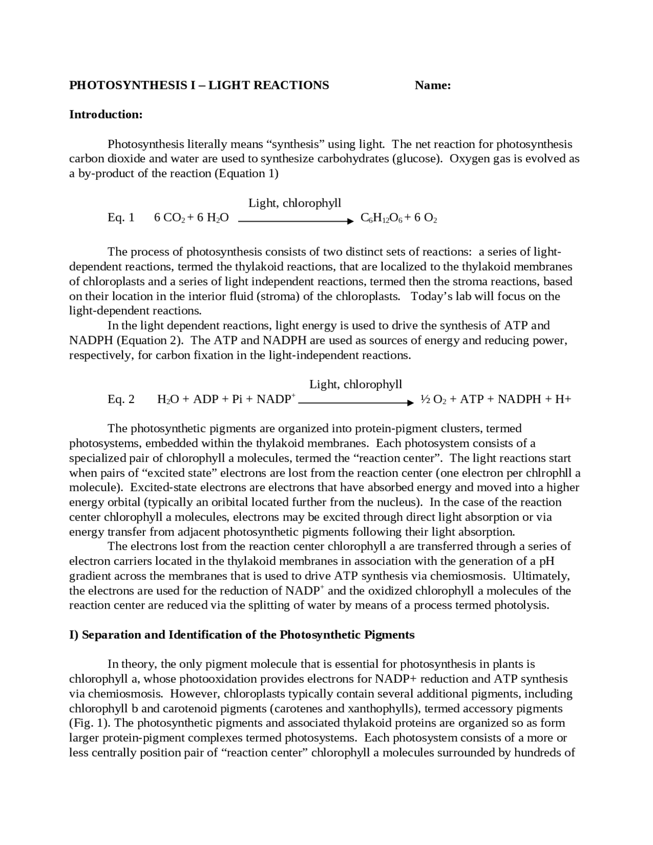 Introduction to Photosynthesis I - Light Reactions - Lab | BIOL 219 ...
