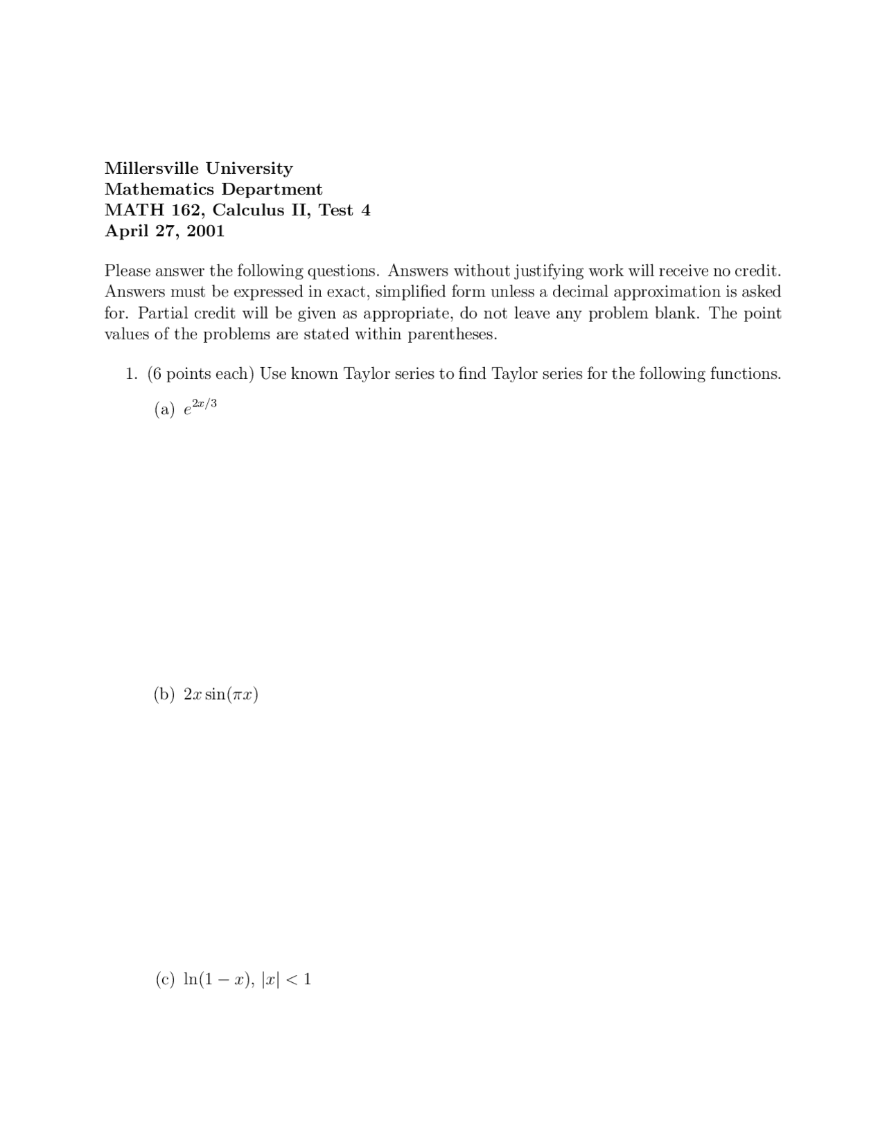 6 Questions On Calculus Ii Practice Test 4 Math 211 Docsity