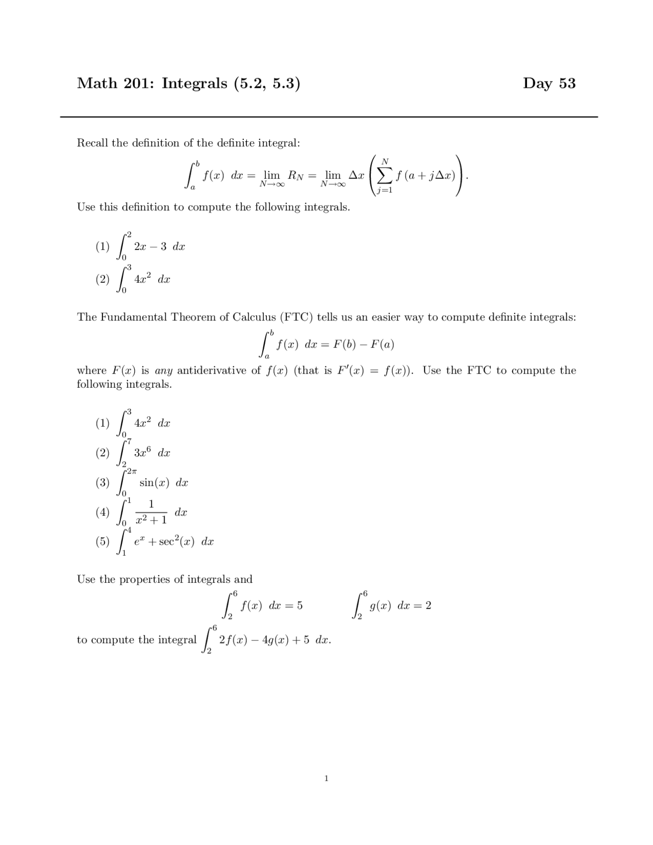 Solved Problems On Integrals In Calculus I Assignment Math 201