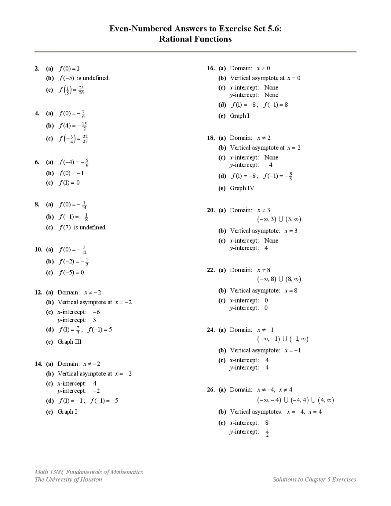 Rational Functions Assignment 5 Math 1300 Docsity
