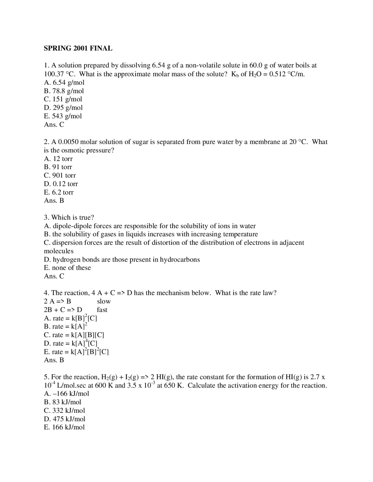 Final Exam With Answer Key Fundamentals Of Chemistry Chem 1332
